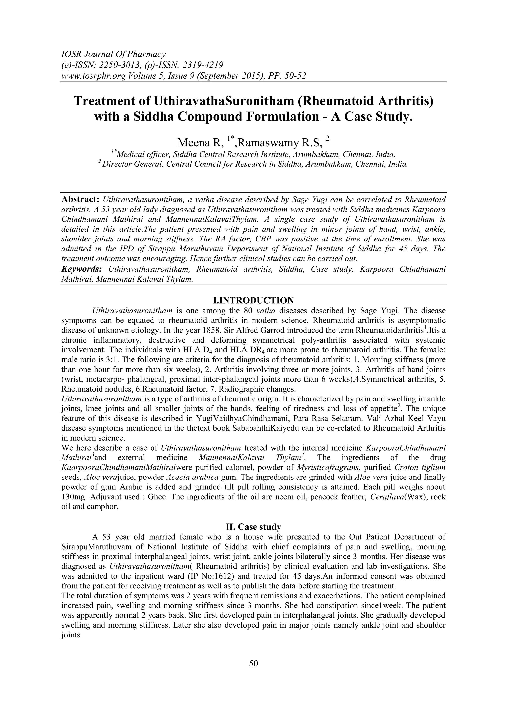 Treatment of Uthiravatha Suronitham (Rheumatoid Arthritis) with a ...