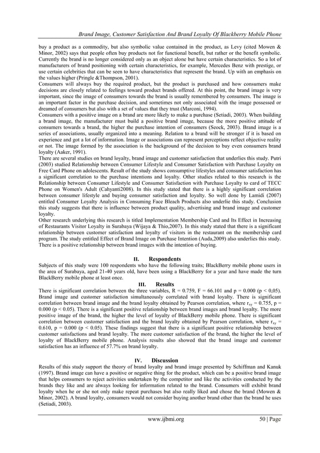 Brand Image, Customer Satisfaction And Brand Loyalty Of Blackberry Mobile Phone | PDF