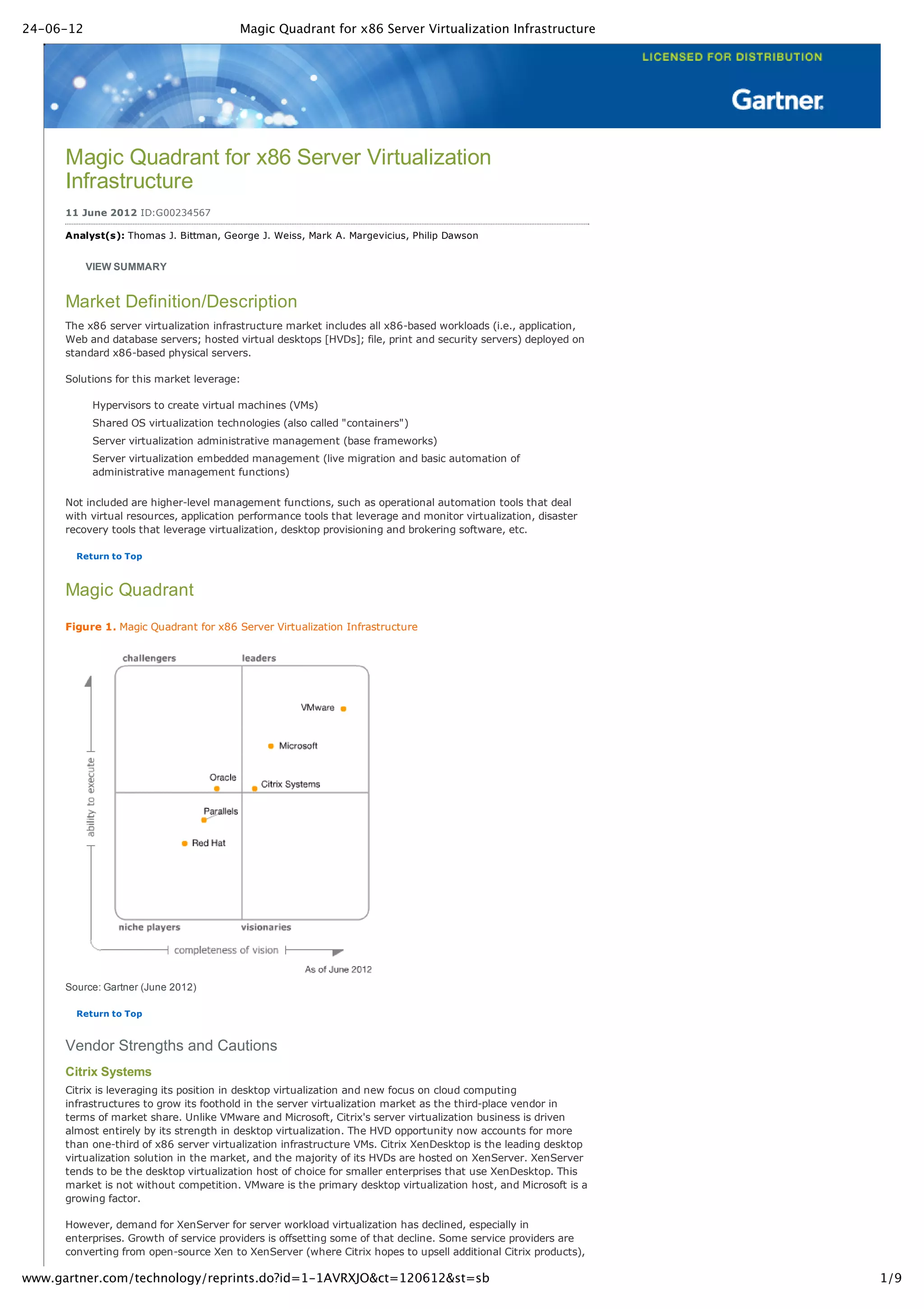 G06.2012 magic quadrant x86 server virtualization infrastructure | PDF