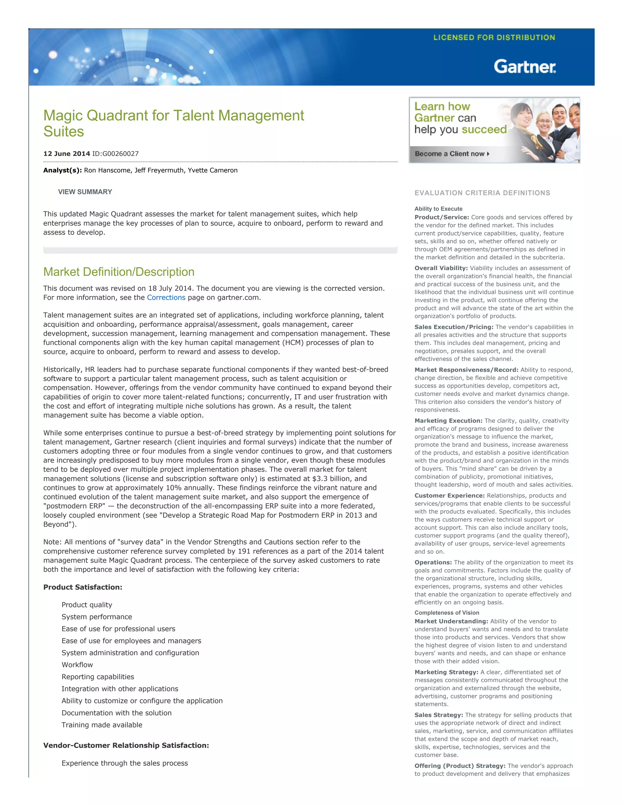 G06.2014 magic quadrant for talent management suites | PDF | Sales ...