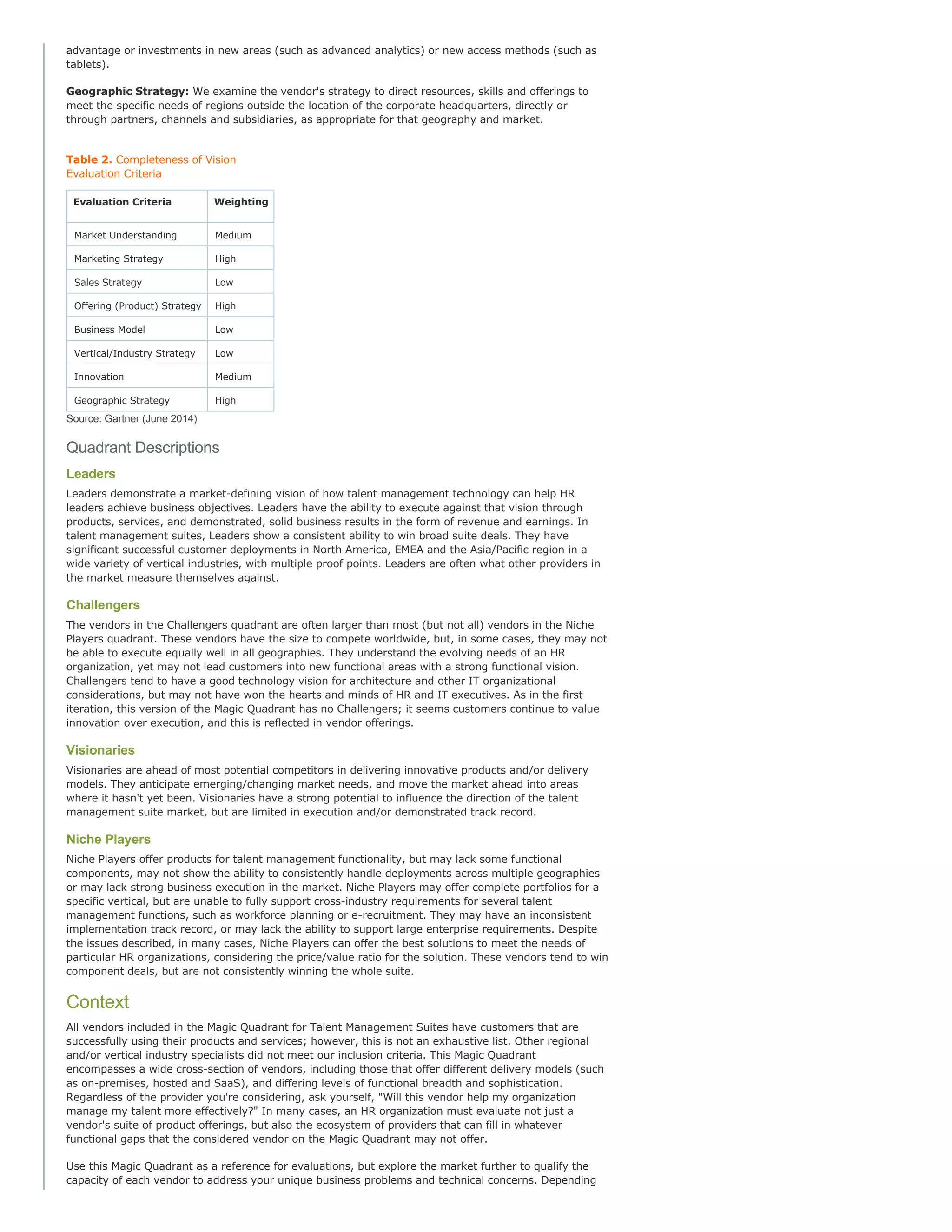 G06.2014 magic quadrant for talent management suites | PDF | Sales ...
