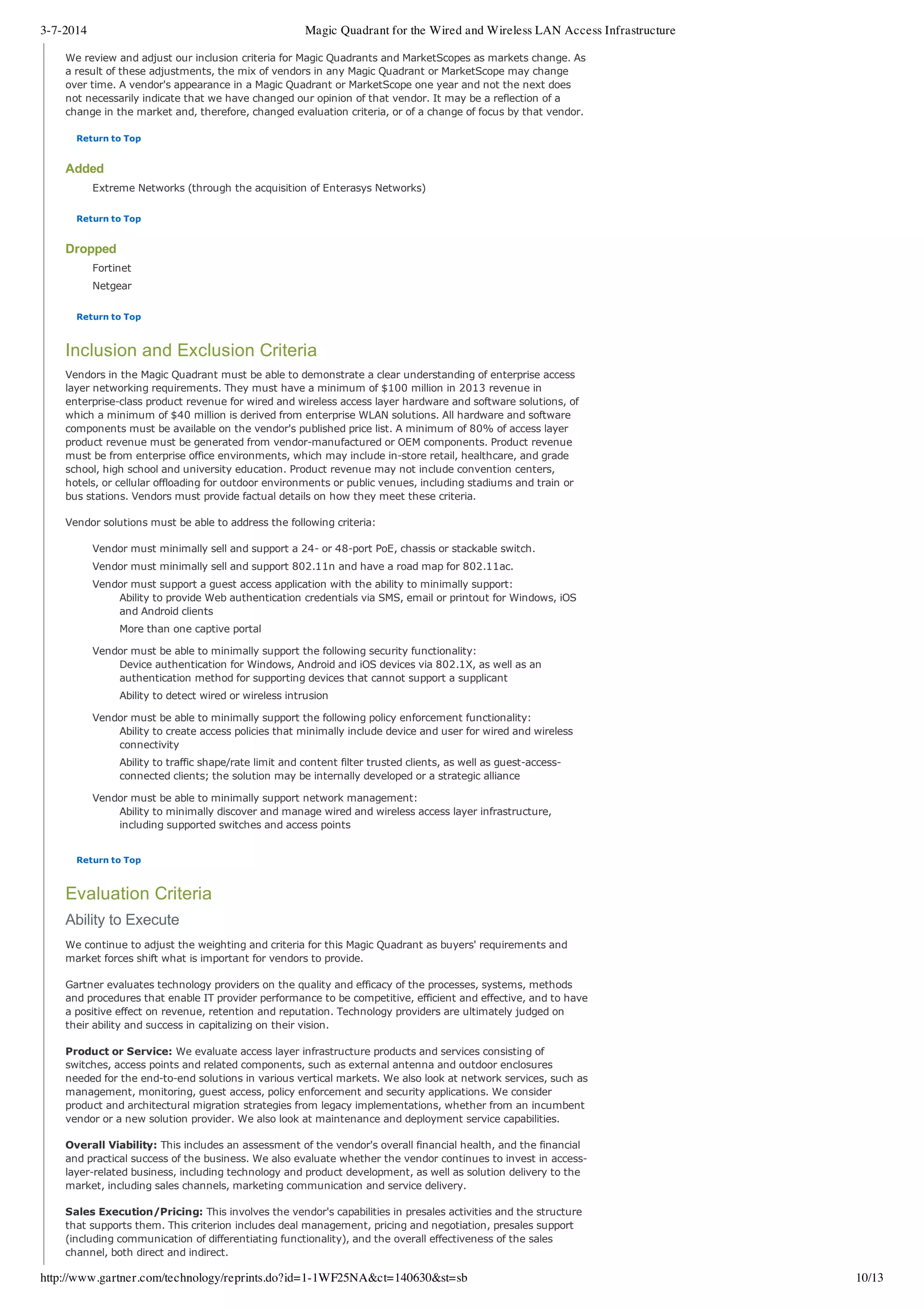 G06.2014 magic quadrant for the wired and wireless lan access infrastructure | PDF