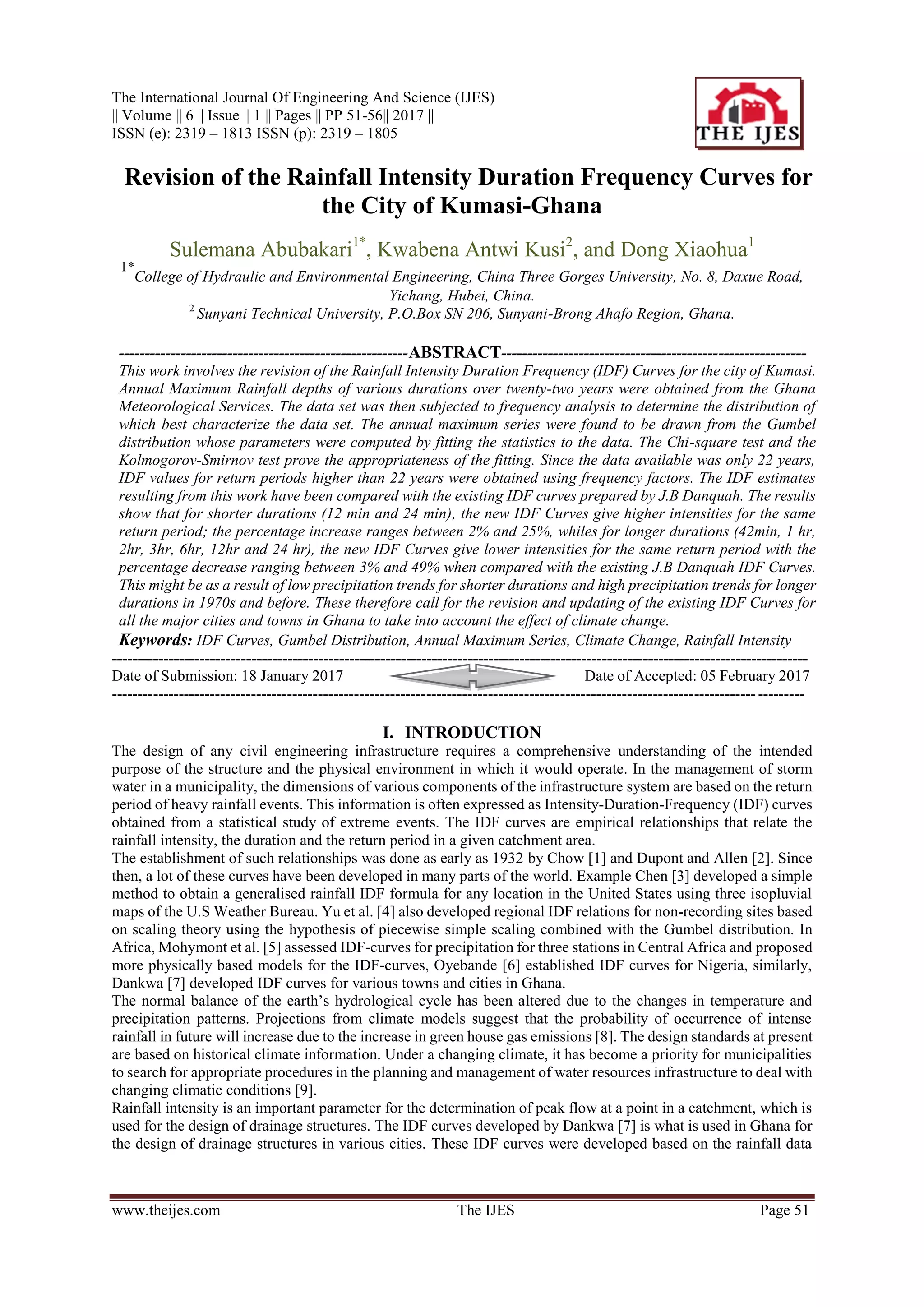 Revision of the Rainfall Intensity Duration Frequency Curves for the ...