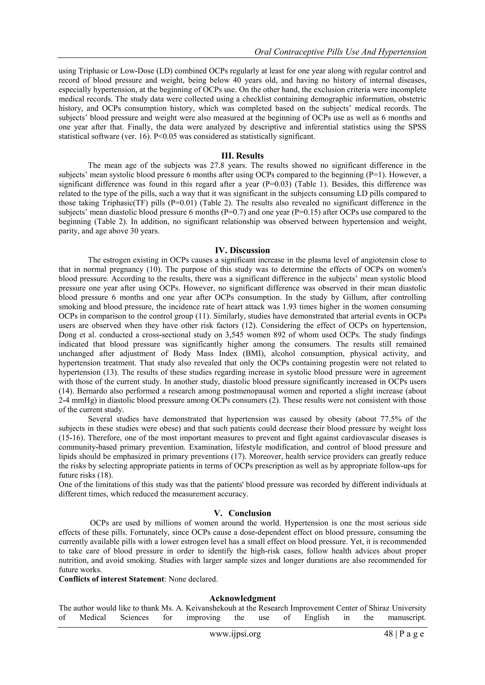 Oral Contraceptive Pills Use and Hypertension | PDF