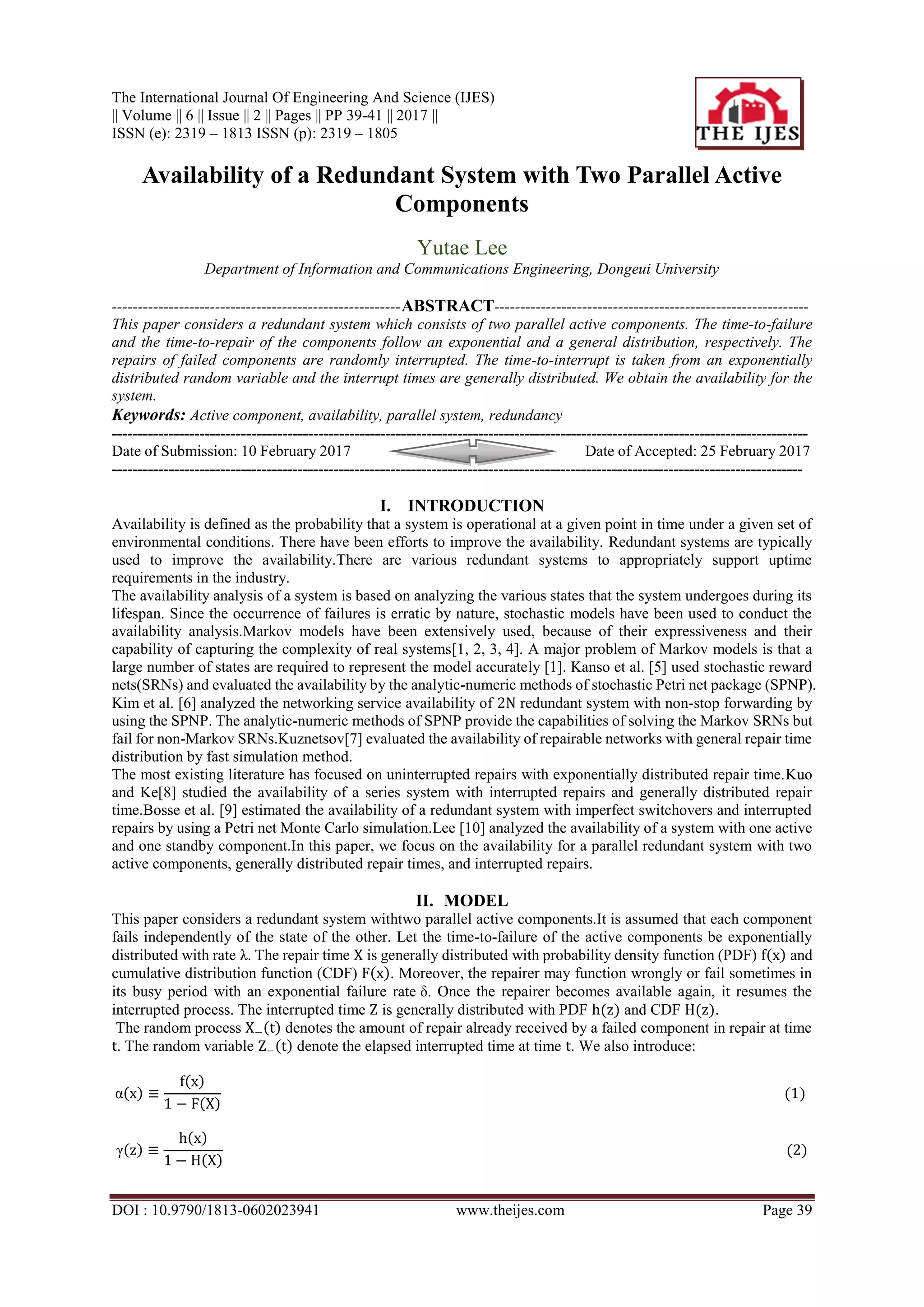Availability of a Redundant System with Two Parallel Active Components ...