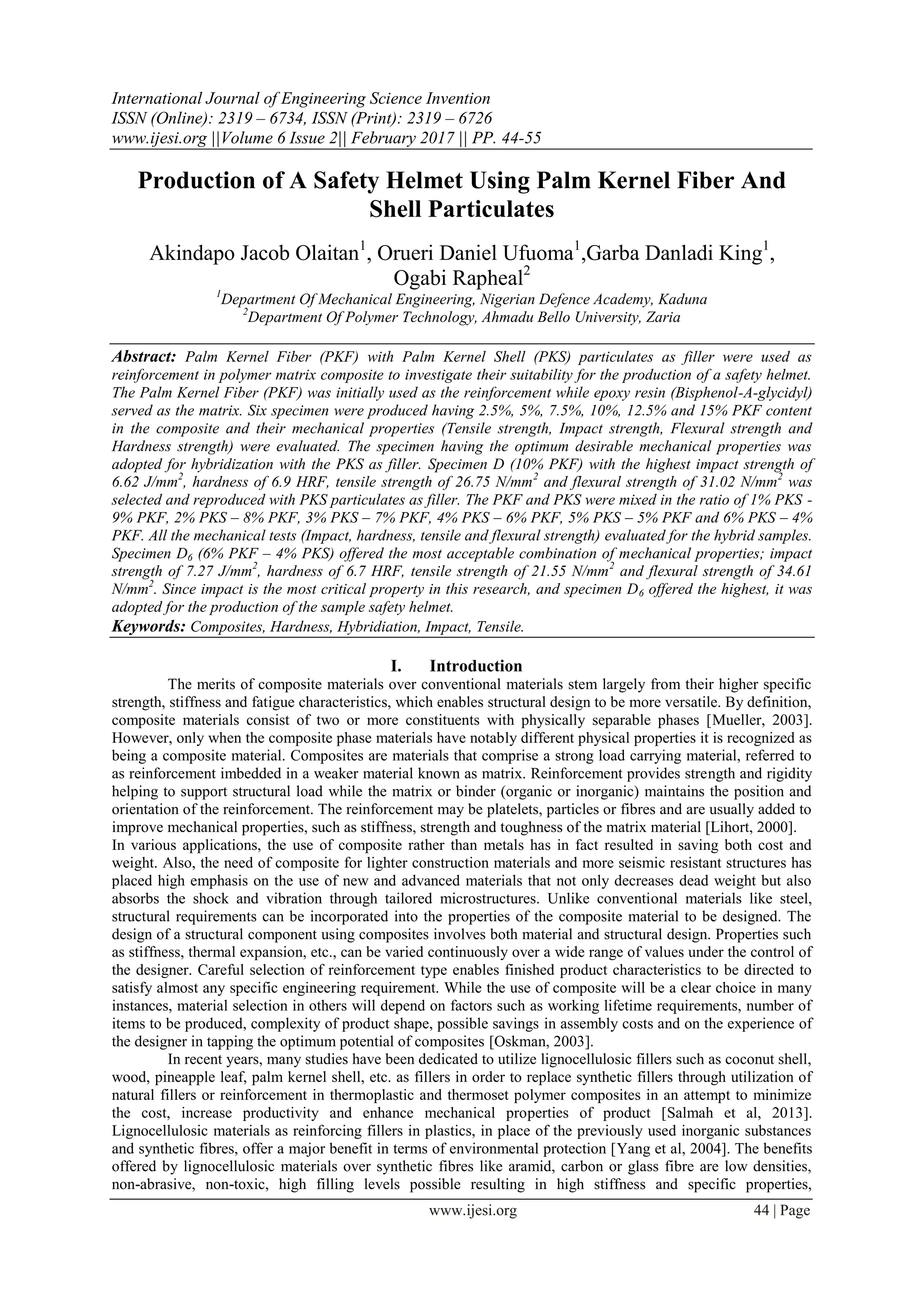 Production of A Safety Helmet Using Palm Kernel Fiber And Shell ...