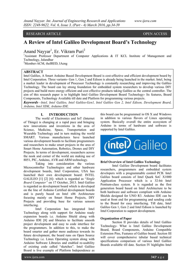 A Review of Intel Galileo Development Board’s Technology | PDF
