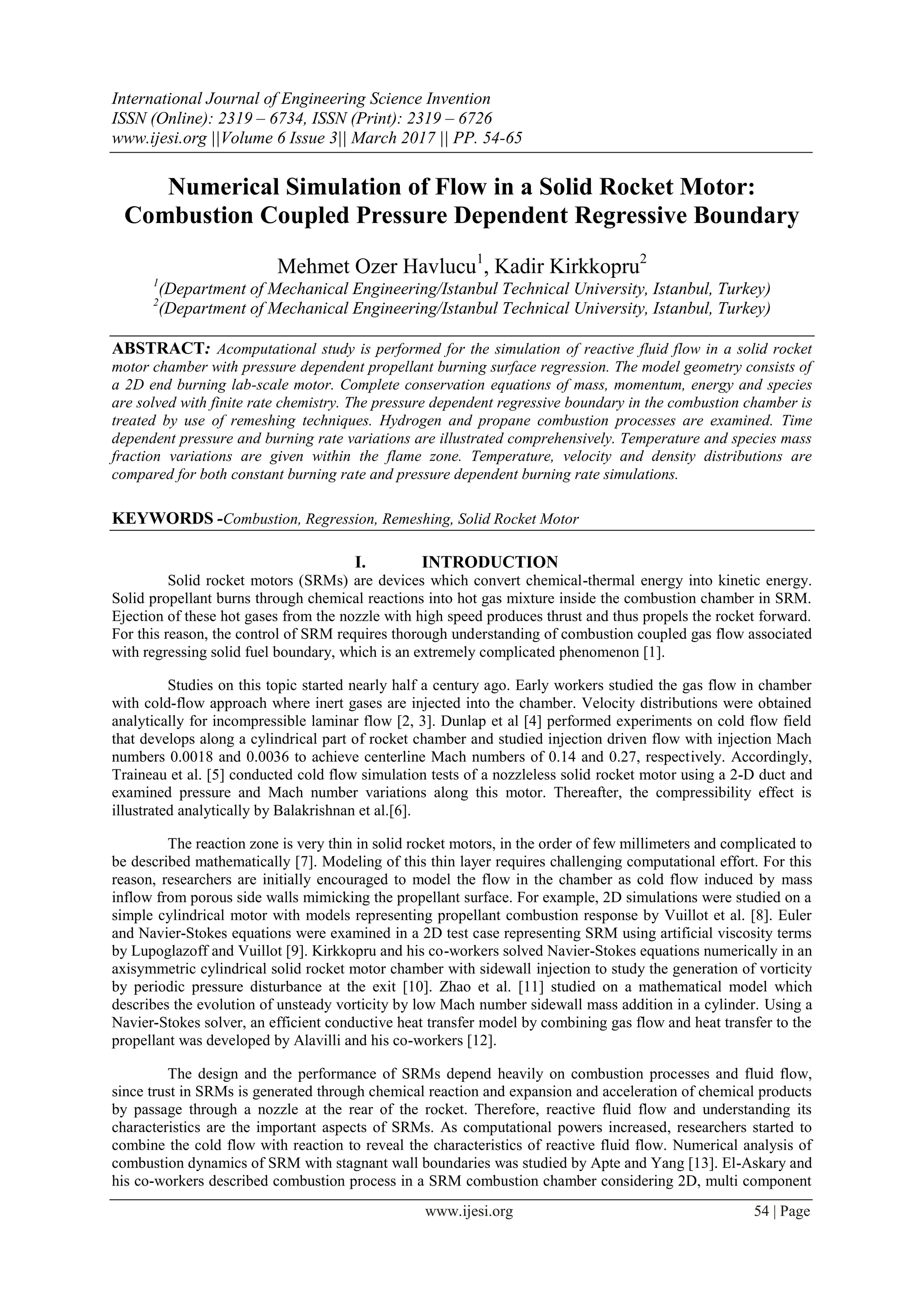 Numerical Simulation of Flow in a Solid Rocket Motor: Combustion Coupled Pressure Dependent ...