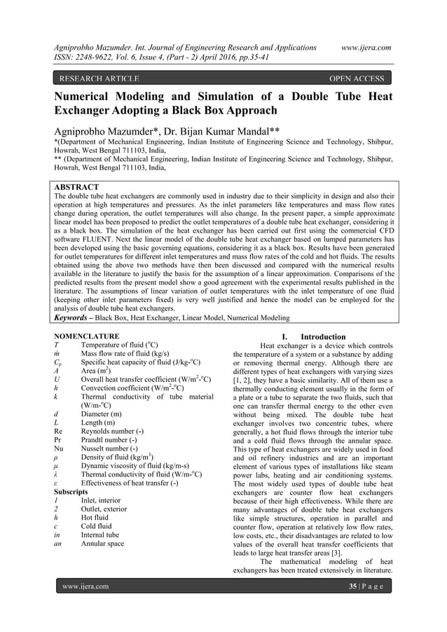 Numerical Modeling and Simulation of a Double Tube Heat Exchanger Adopting a Black Box Approach ...