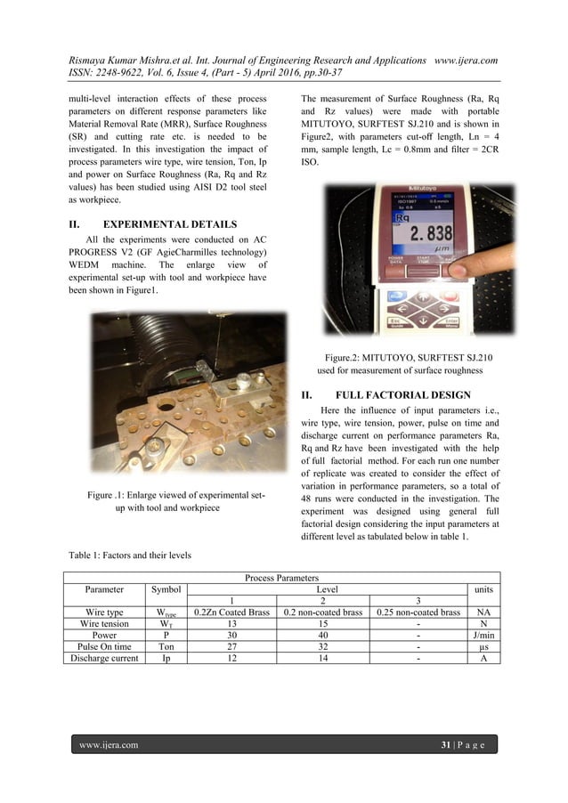 Experimentation And Optimization Of Surface Roughness In Wedm Process Using Full Factorial