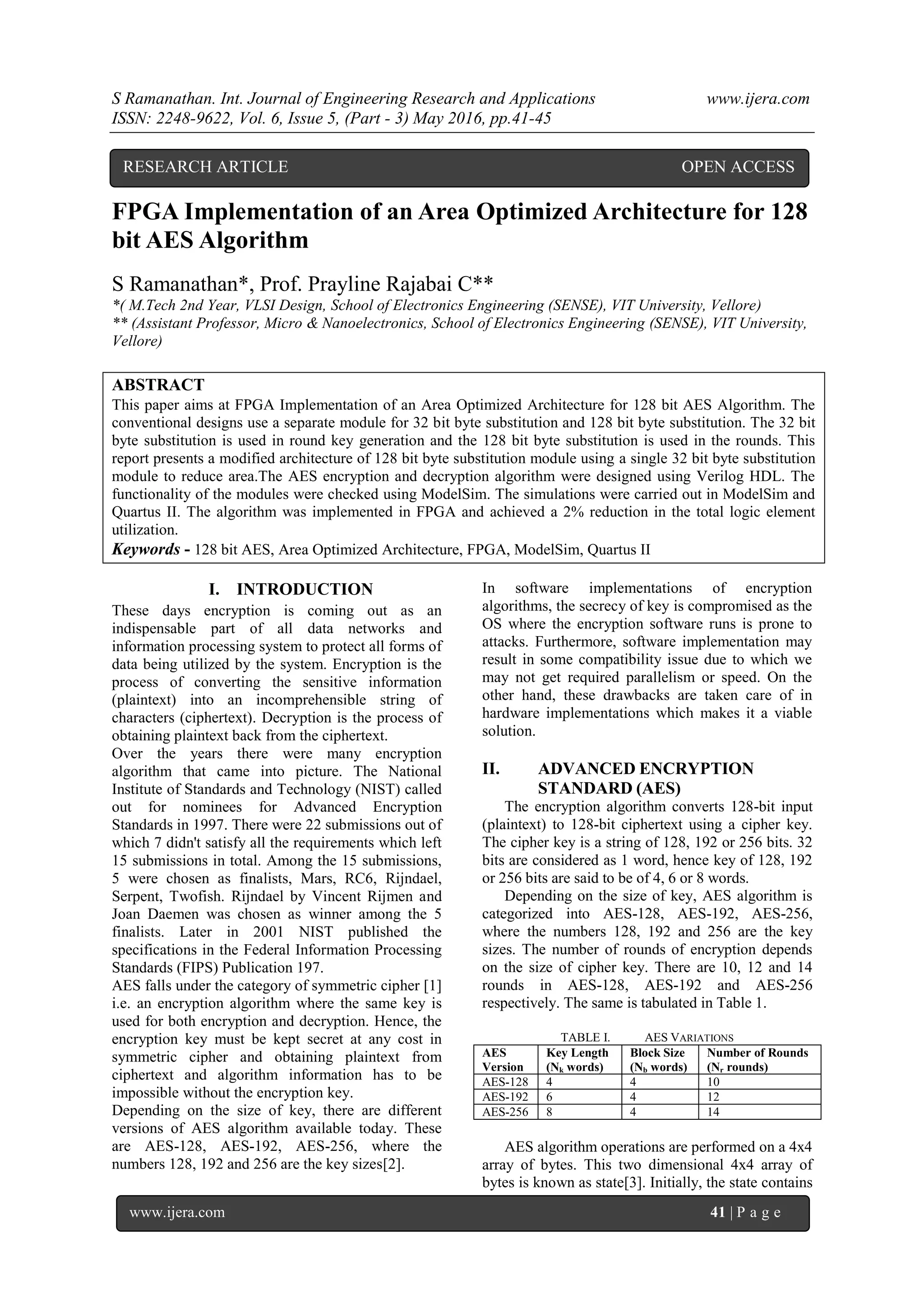Fpga Implementation Of An Area Optimized Architecture For 128 Bit Aes Algorithm Pdf