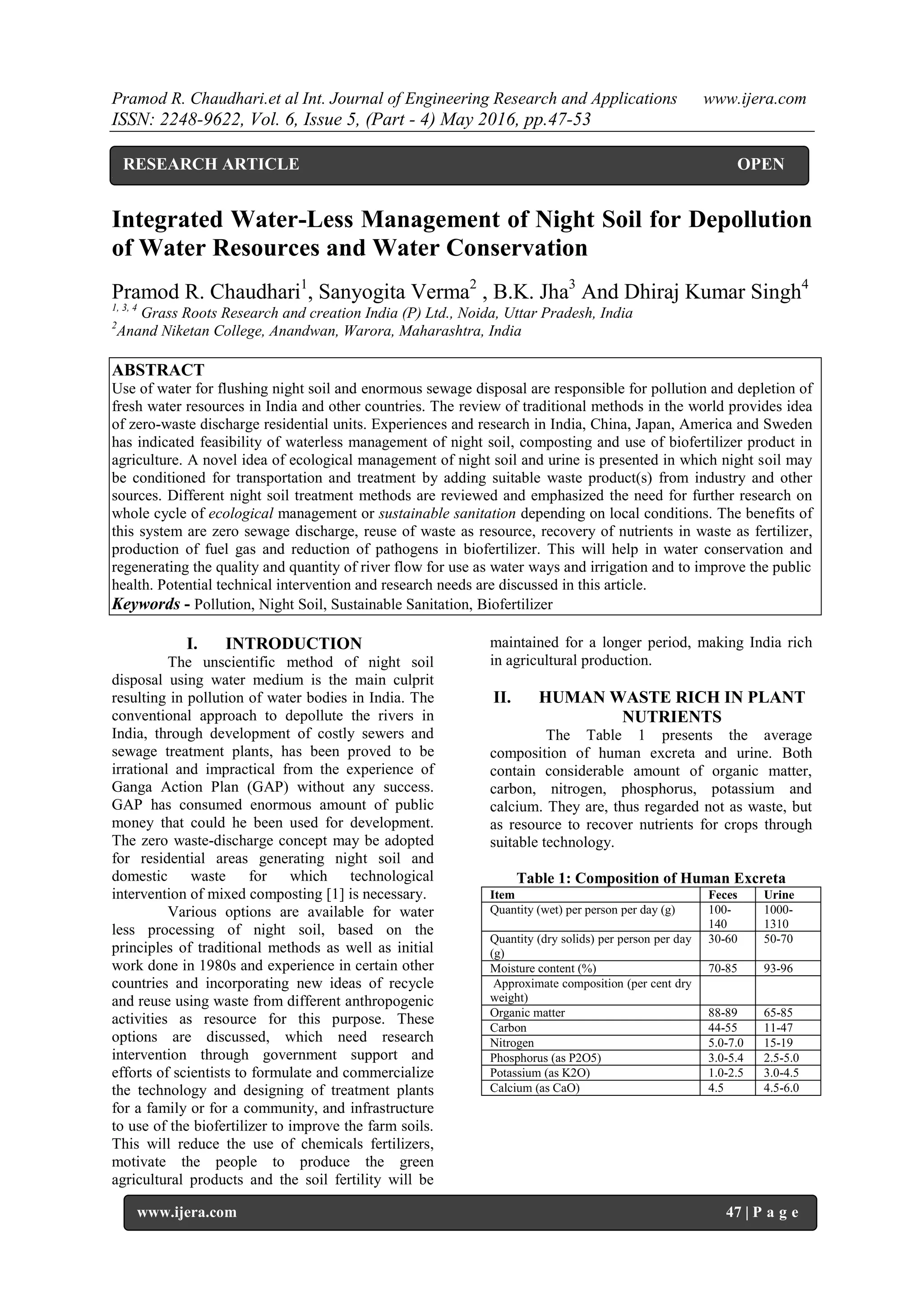 Integrated Water-Less Management of Night Soil for Depollution of Water ...