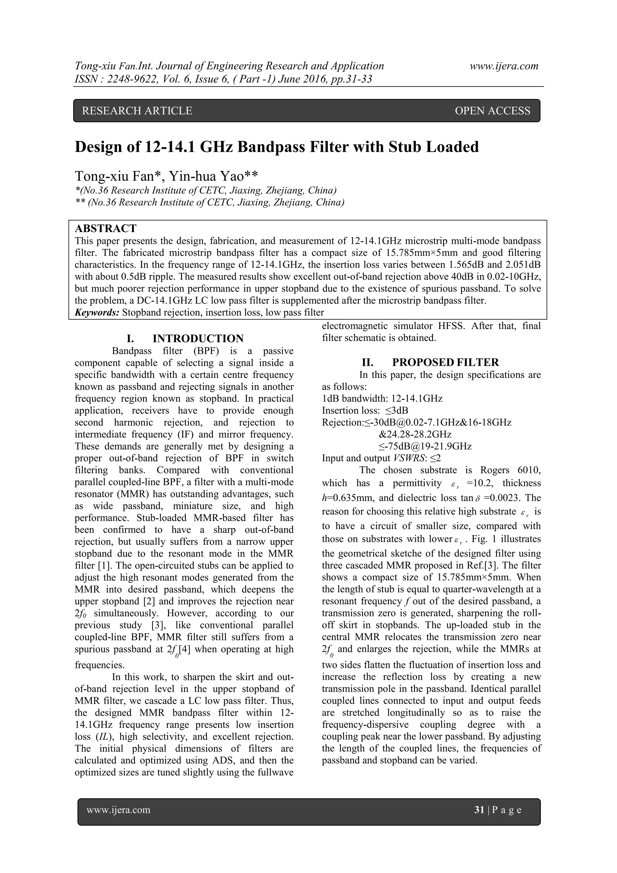 Design of 12-14.1 GHz Bandpass Filter with Stub Loaded | PDF