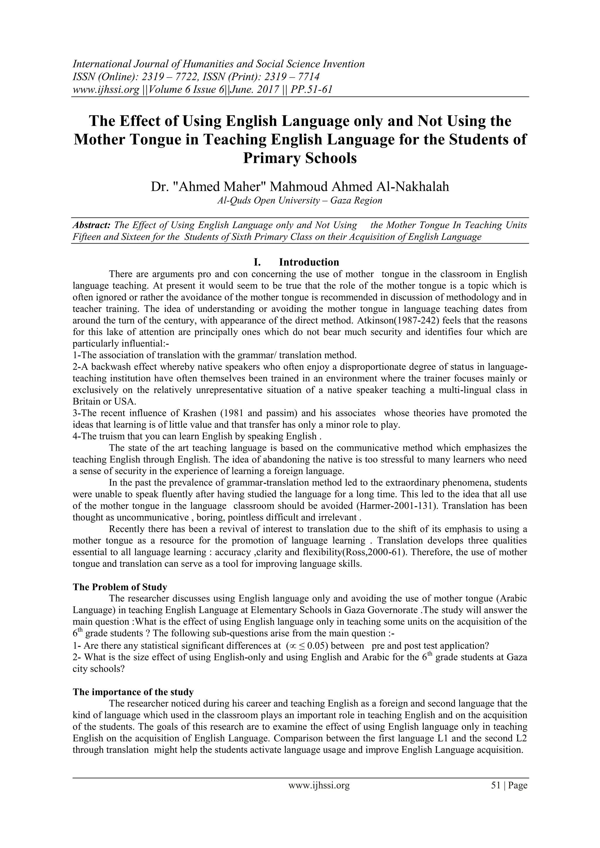 The Effect of Using English Language only and Not Using the Mother Tongue in Teaching English ...