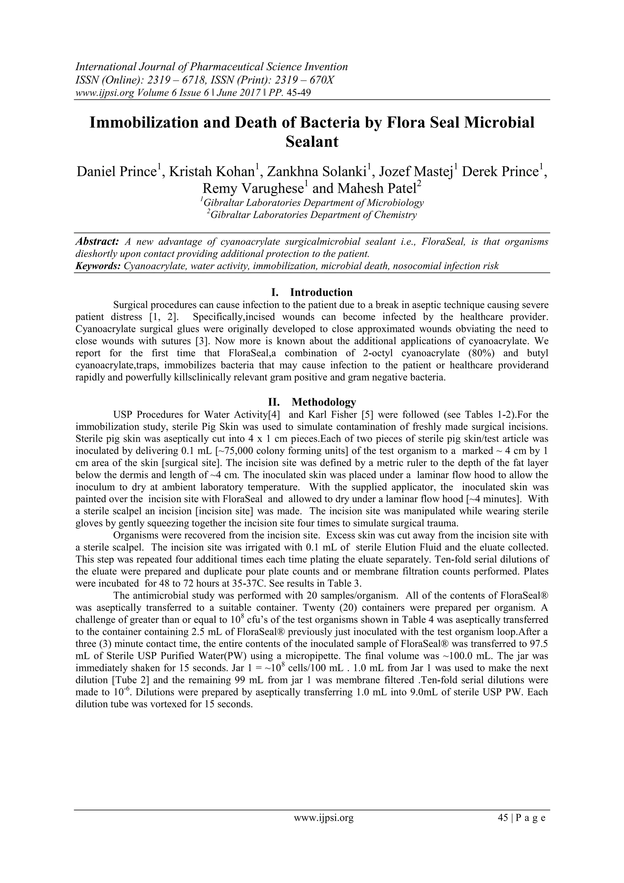 Immobilization and Death of Bacteria by Flora Seal Microbial Sealant | PDF