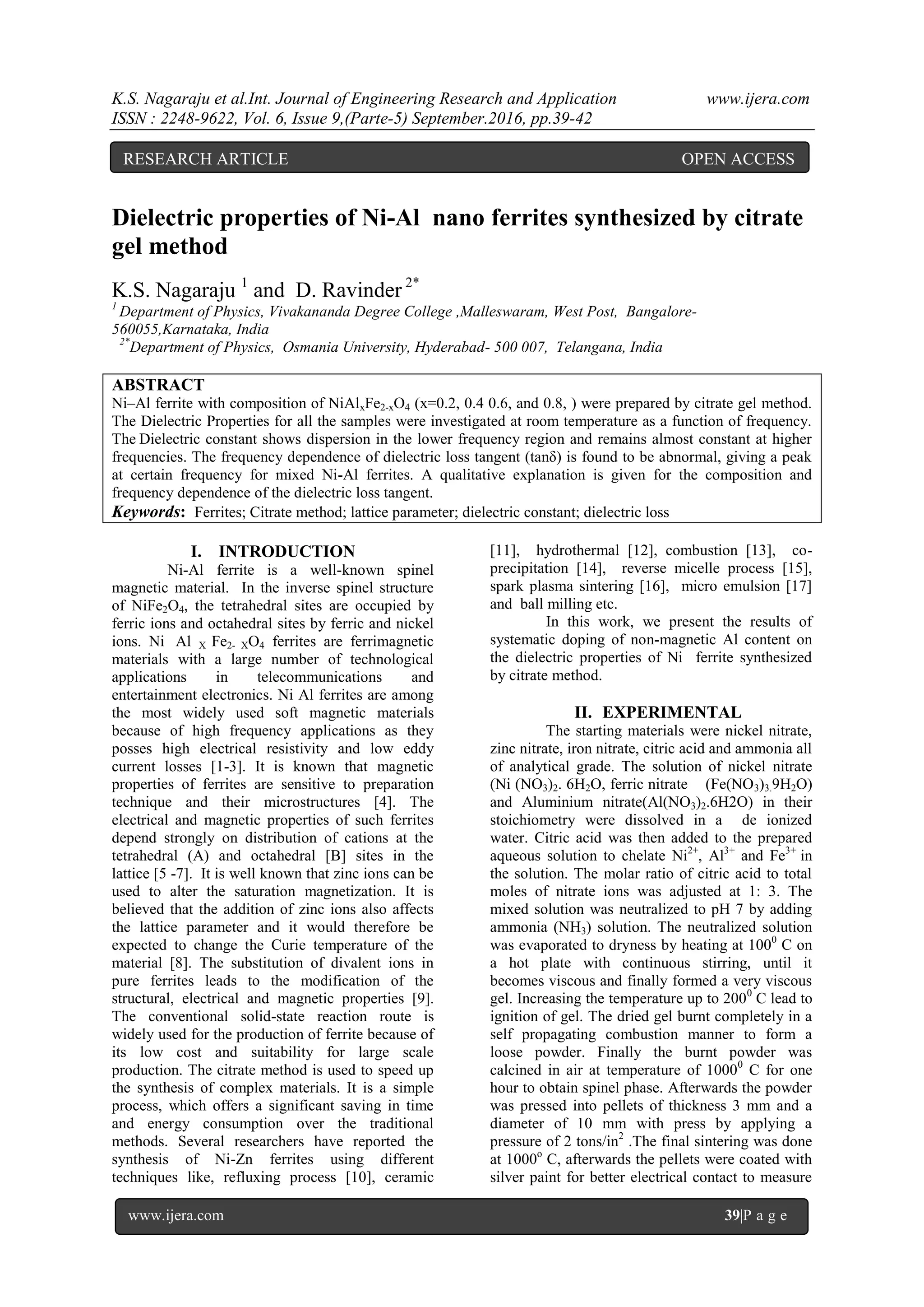 Dielectric properties of Ni-Al nano ferrites synthesized by citrate gel ...
