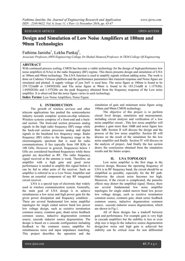 Design and Simulation of Low Noise Amplifiers at 180nm and 90nm Technologies | PDF