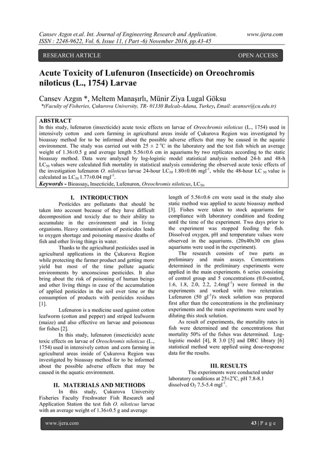 Acute Toxicity of Lufenuron (Insecticide) on Oreochromis niloticus (L ...