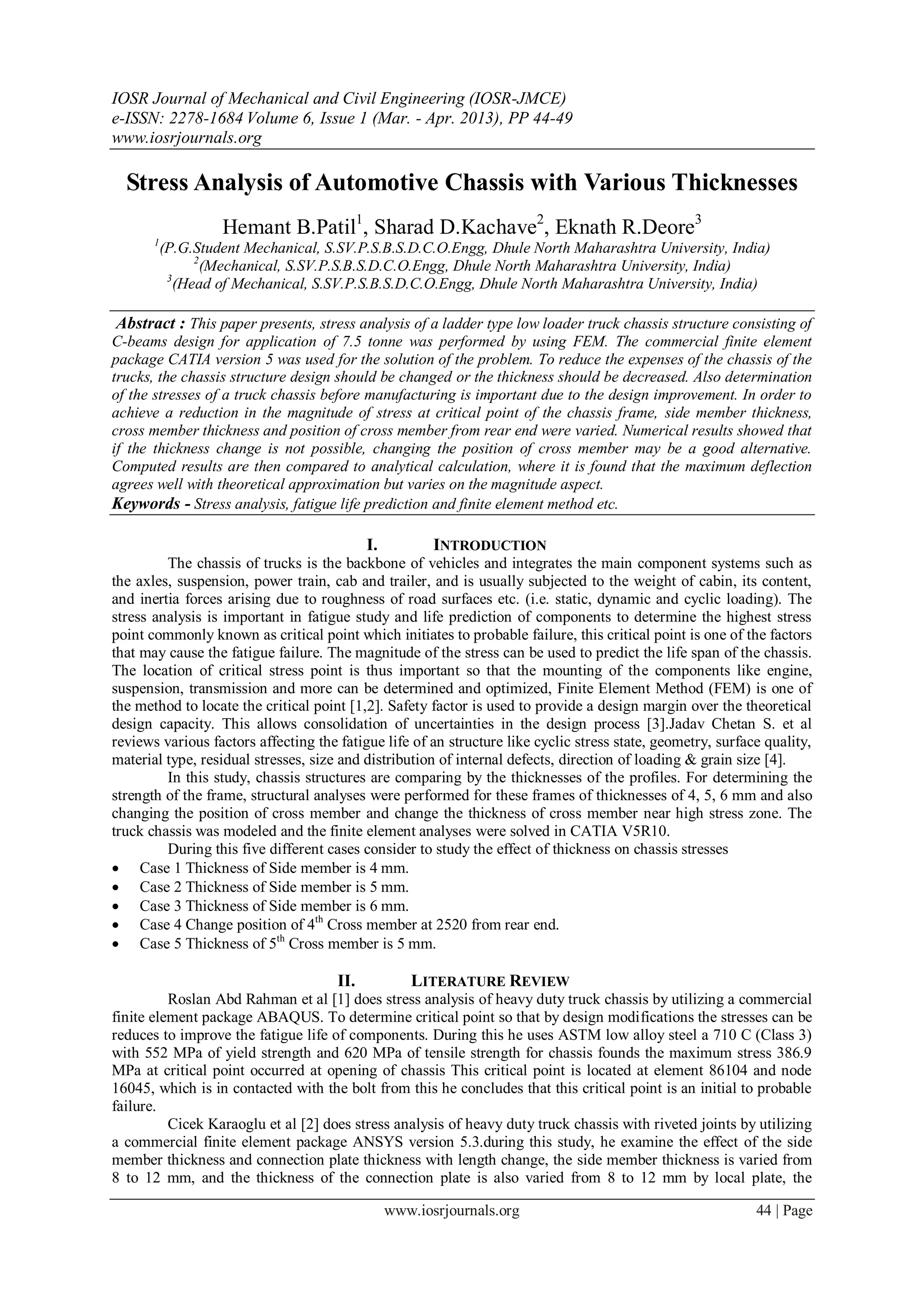 Stress Analysis of Automotive Chassis with Various Thicknesses | PDF