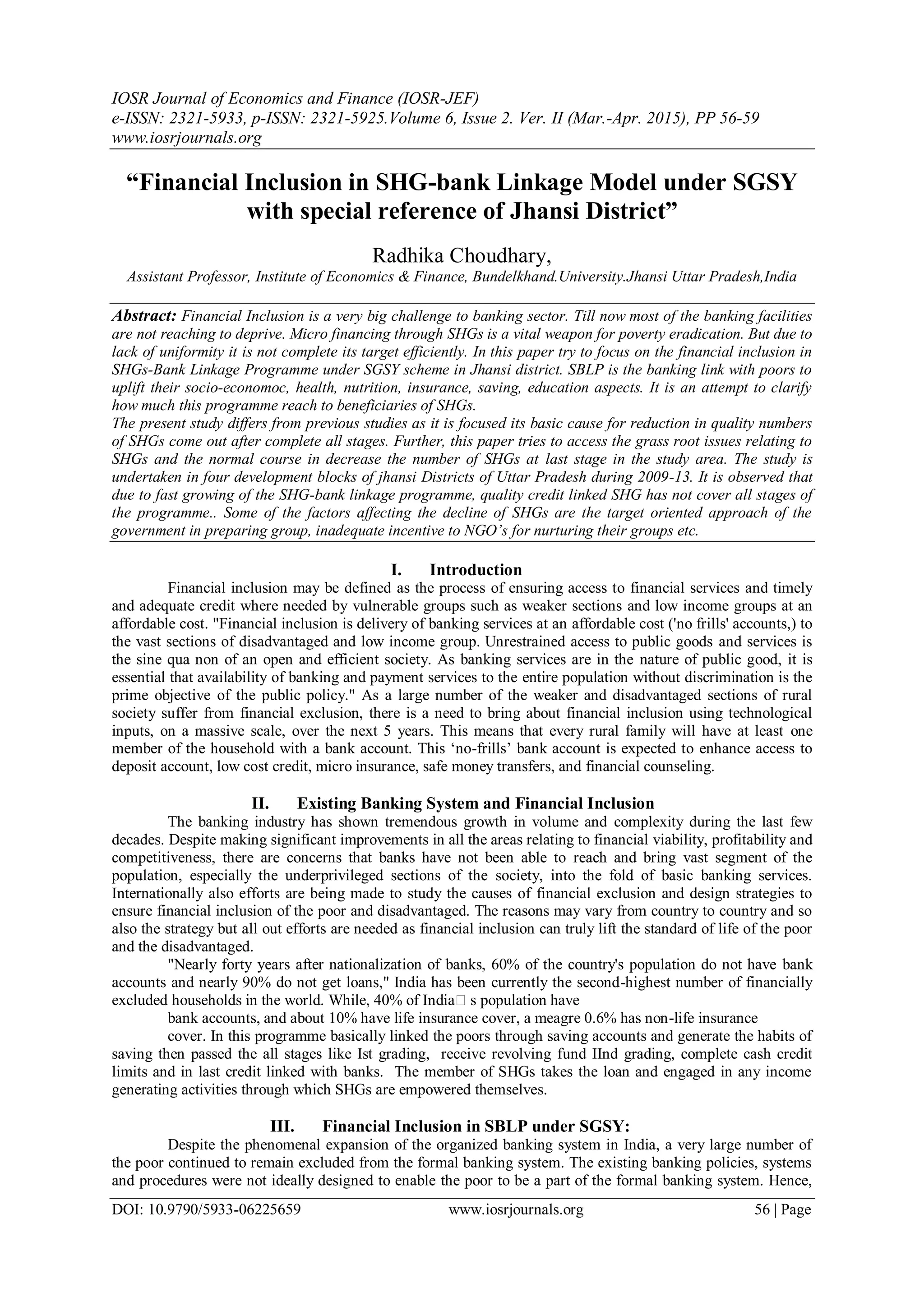 “Financial Inclusion in SHG-bank Linkage Model under SGSY with special ...