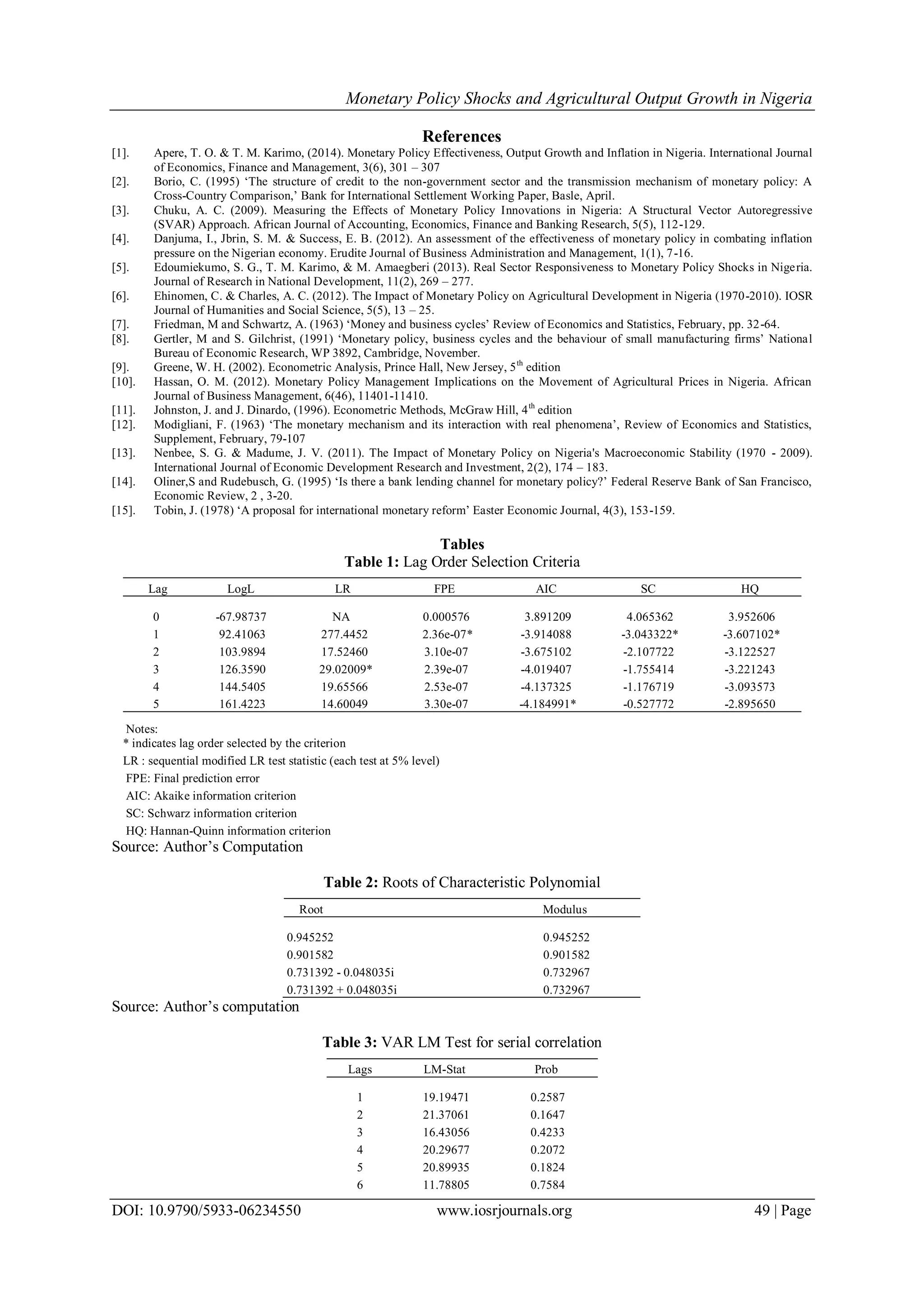 Monetary Policy Shocks and Agricultural Output Growth in Nigeria | PDF