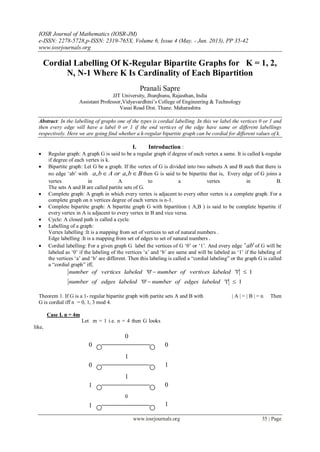Cordial Labelling Of K-Regular Bipartite Graphs for K = 1, 2, N, N-1 Where K Is Cardinality of ...