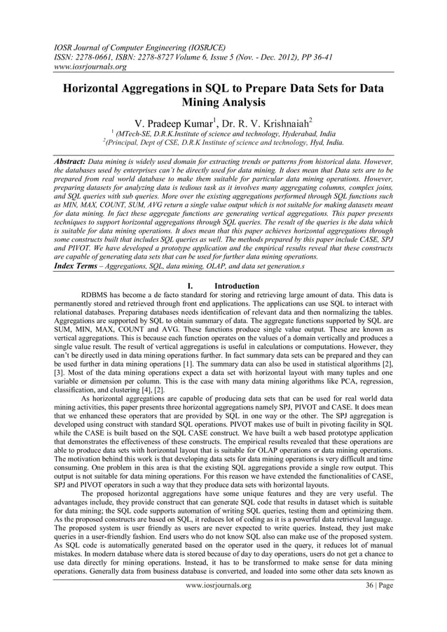 Horizontal Aggregations in SQL to Prepare Data Sets for Data Mining Analysis | PDF