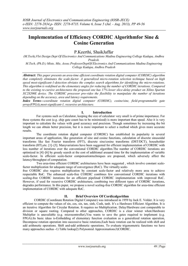 Implementation of Efficiency CORDIC Algorithmfor Sine & Cosine Generation | PDF | Web ...