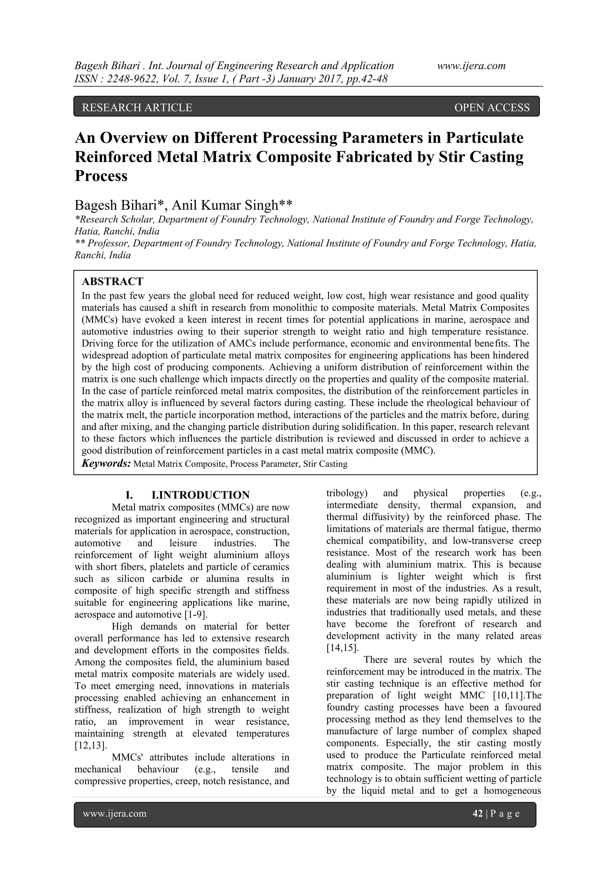 An Overview On Different Processing Parameters In Particulate Reinforced Metal Matrix Composite