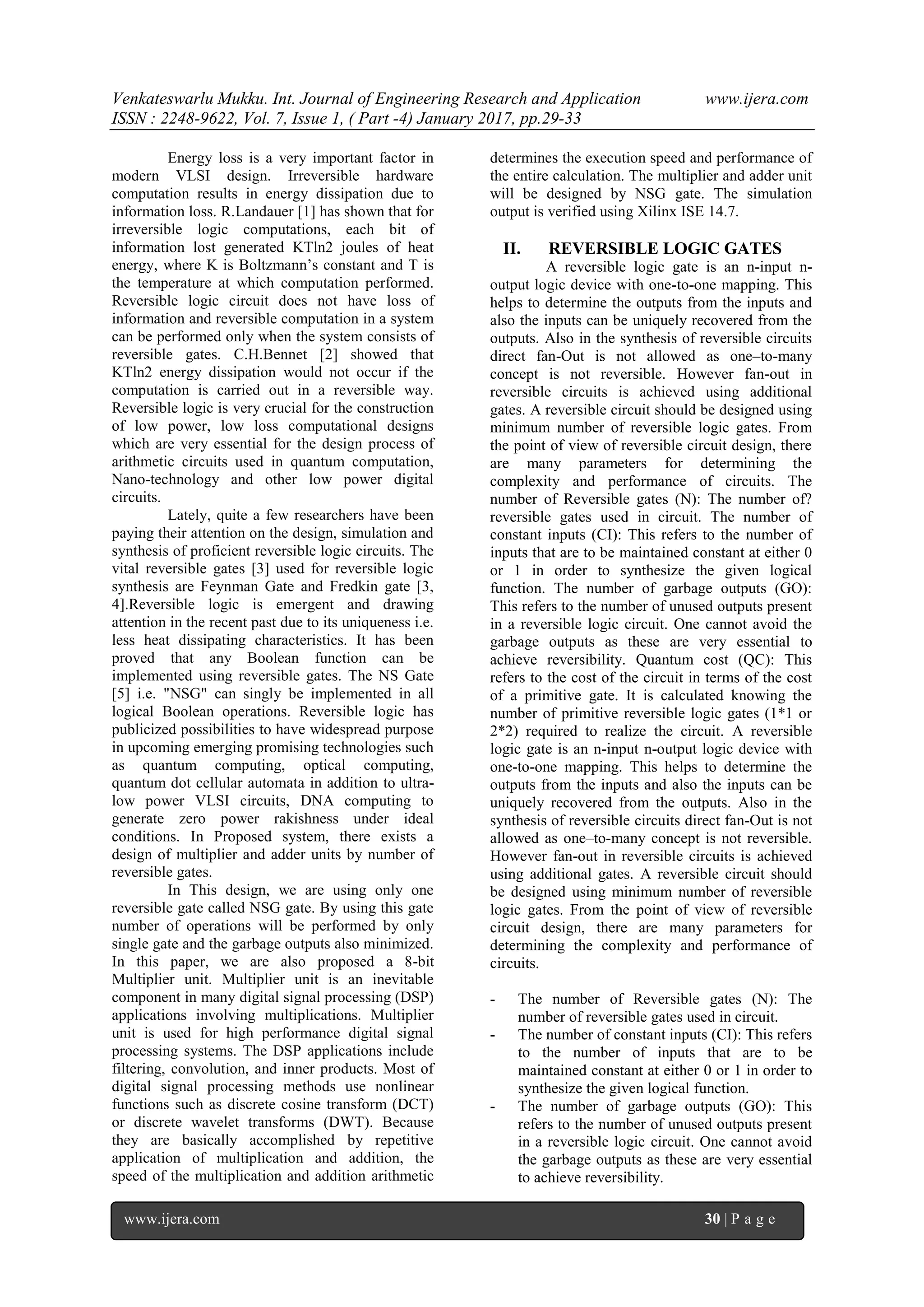 An Area Efficient and High Speed Reversible Multiplier Using NS Gate | PDF