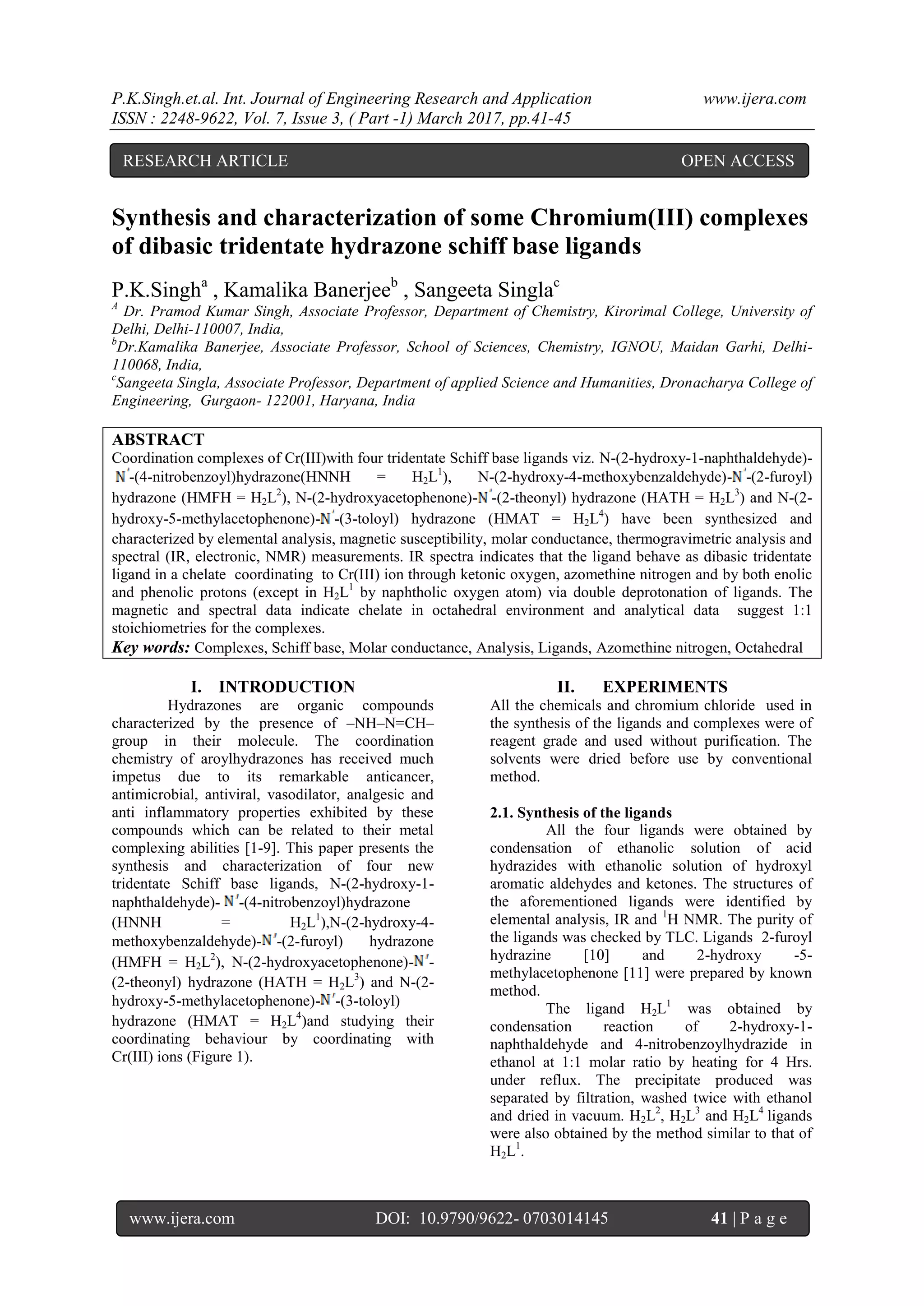 Synthesis and characterization of some Chromium(III) complexes of dibasic tridentate hydrazone ...
