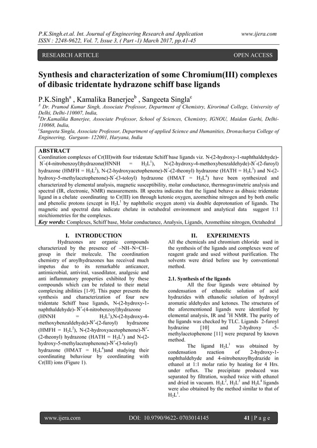Synthesis And Characterization Of Some Chromiumiii Complexes Of Dibasic Tridentate Hydrazone