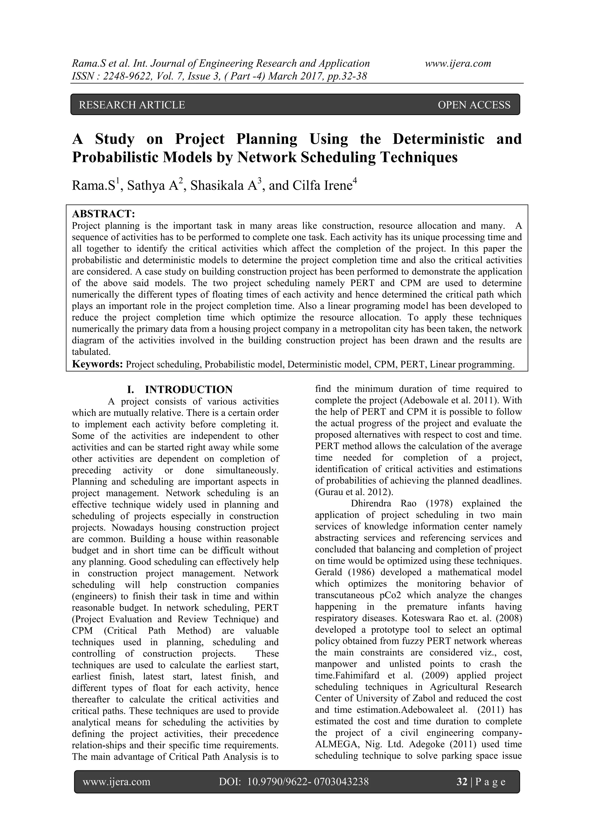 A Study on Project Planning Using the Deterministic and Probabilistic Models by Network ...