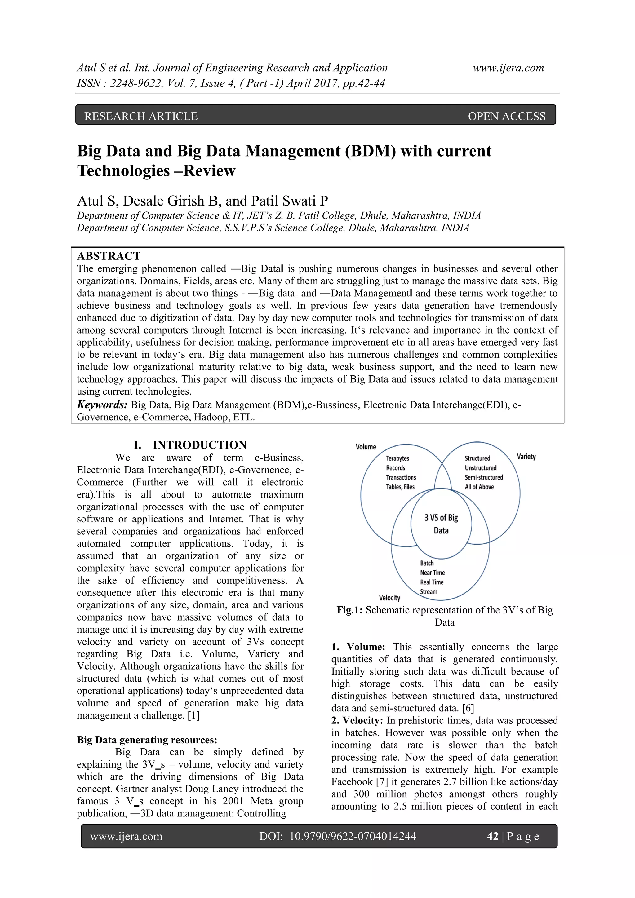 Big Data and Big Data Management (BDM) with current Technologies ...