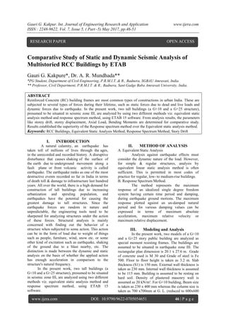 Comparative Study of Static and Dynamic Seismic Analysis of Multistoried RCC Buildings by ETAB | PDF