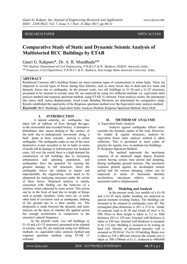 Comparative Study of Static and Dynamic Seismic Analysis of Multistoried RCC Buildings by ETAB | PDF