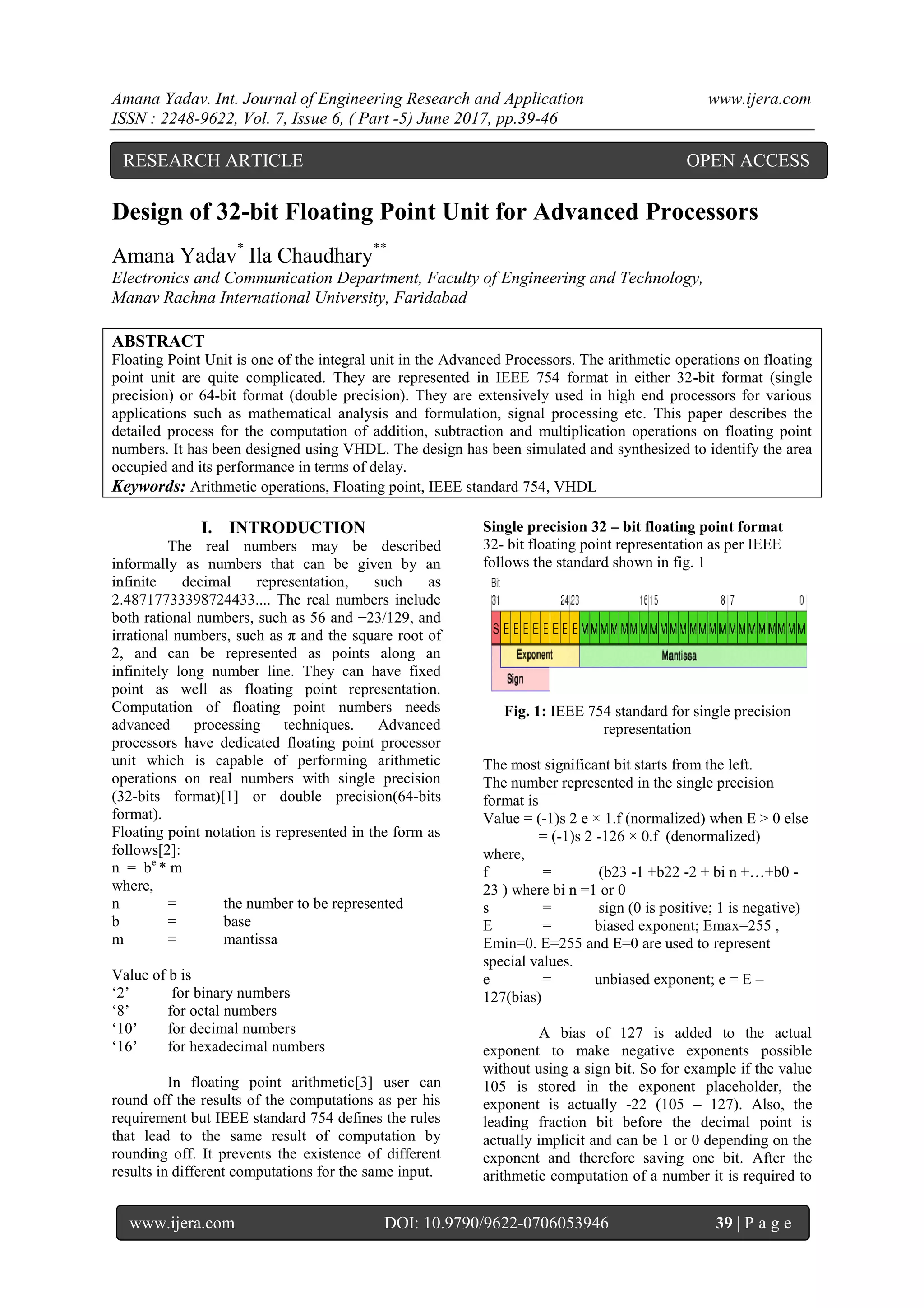 Design of 32-bit Floating Point Unit for Advanced Processors | PDF