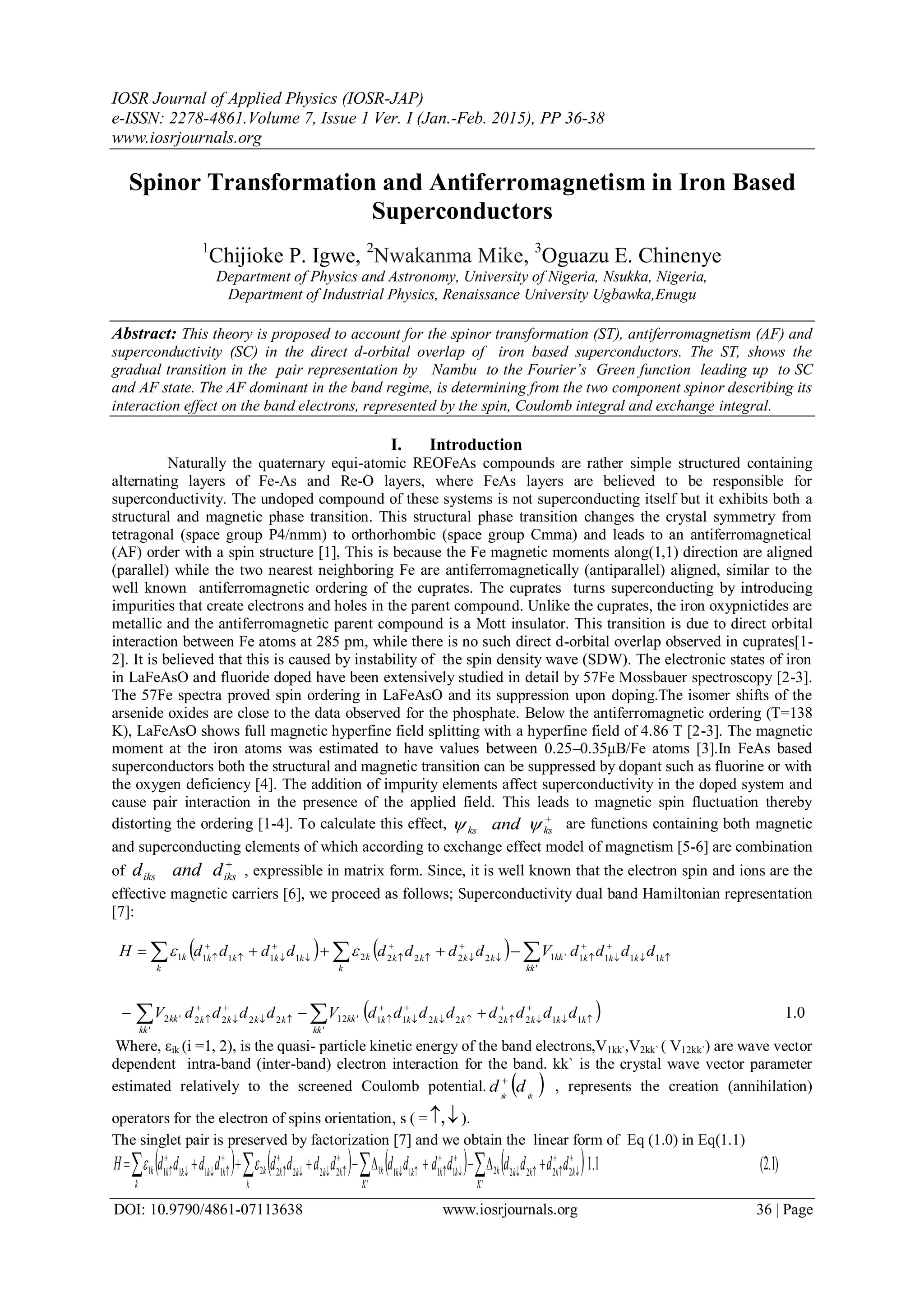 Spinor Transformation and Antiferromagnetism in Iron Based Superconductors | PDF