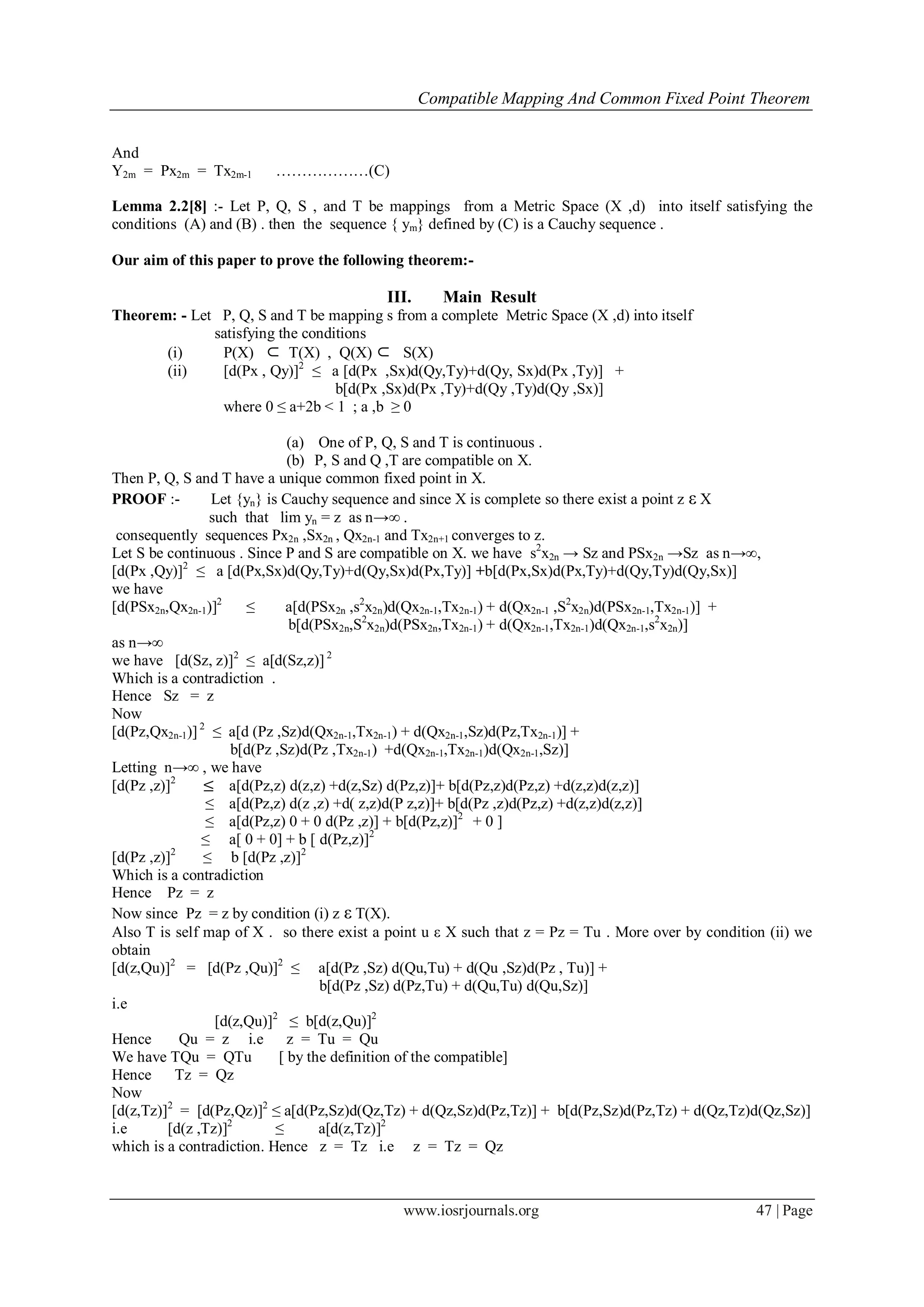 Compatible Mapping And Common Fixed Point Theorem Pdf Physics Science
