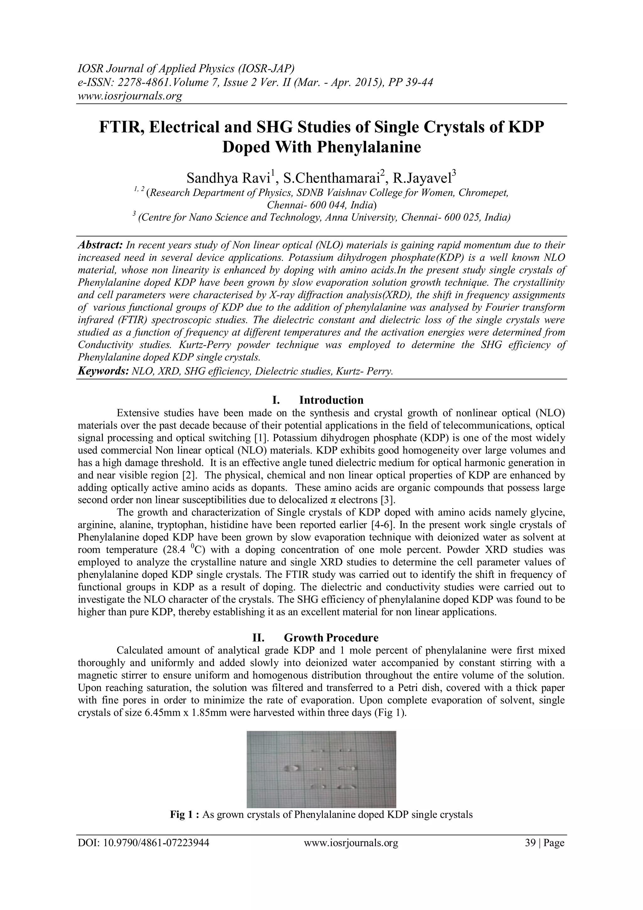 FTIR, Electrical and SHG Studies of Single Crystals of KDP Doped With ...