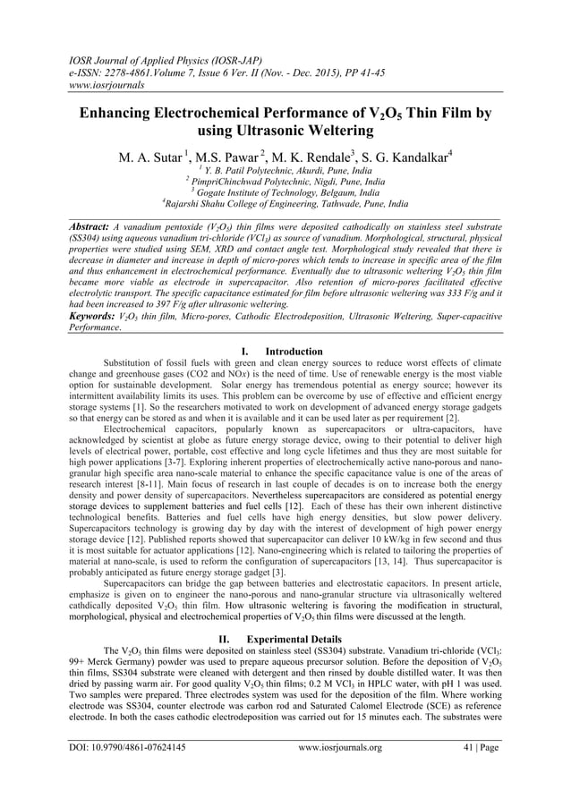 Enhancing Electrochemical Performance of V2O5 Thin Film by using Ultrasonic Weltering | PDF