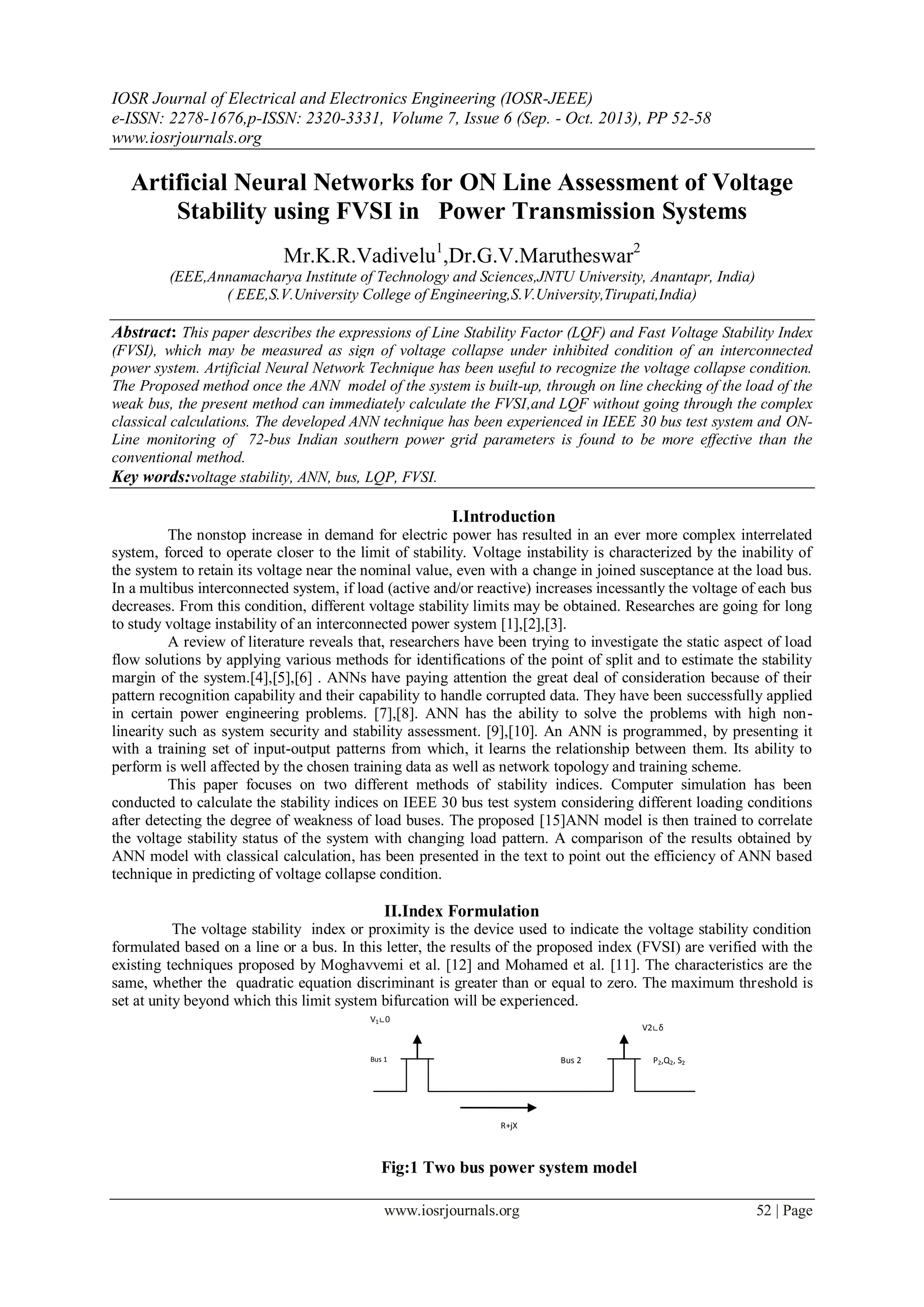 Artificial Neural Networks for ON Line Assessment of Voltage Stability using FVSI in Power ...