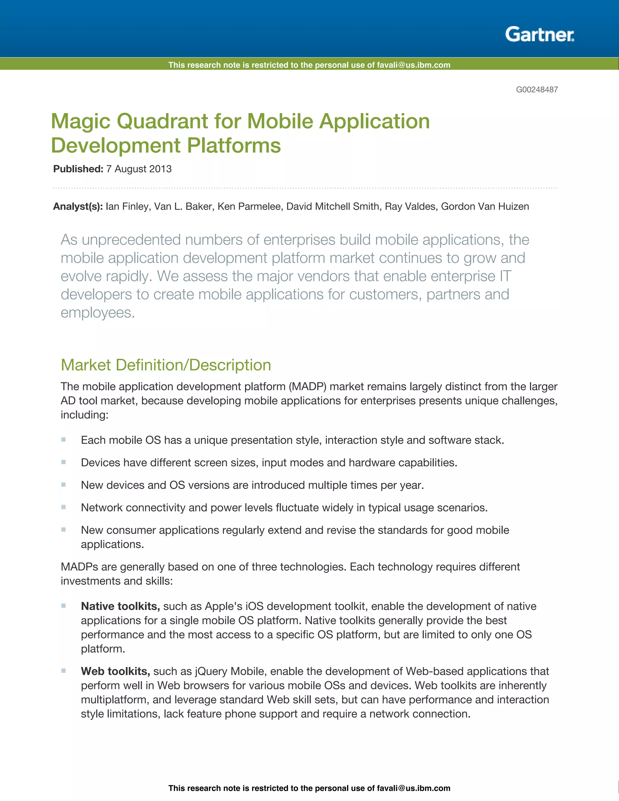 G08.2013 magic quadrant for mobile application development platforms | PDF