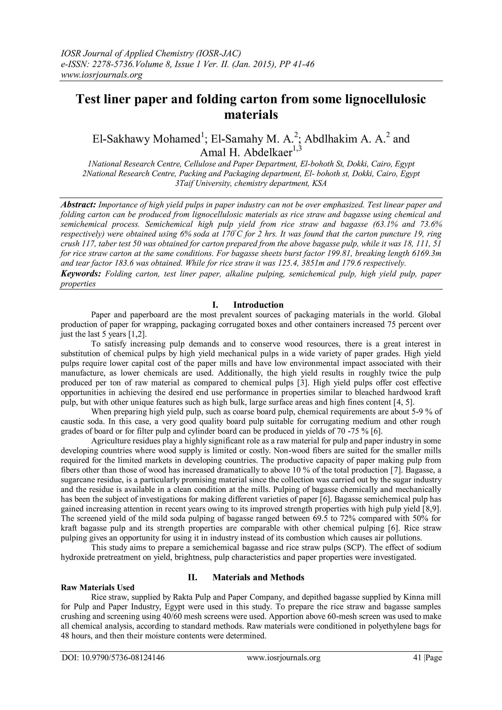 Test liner paper and folding carton from some lignocellulosic materials ...