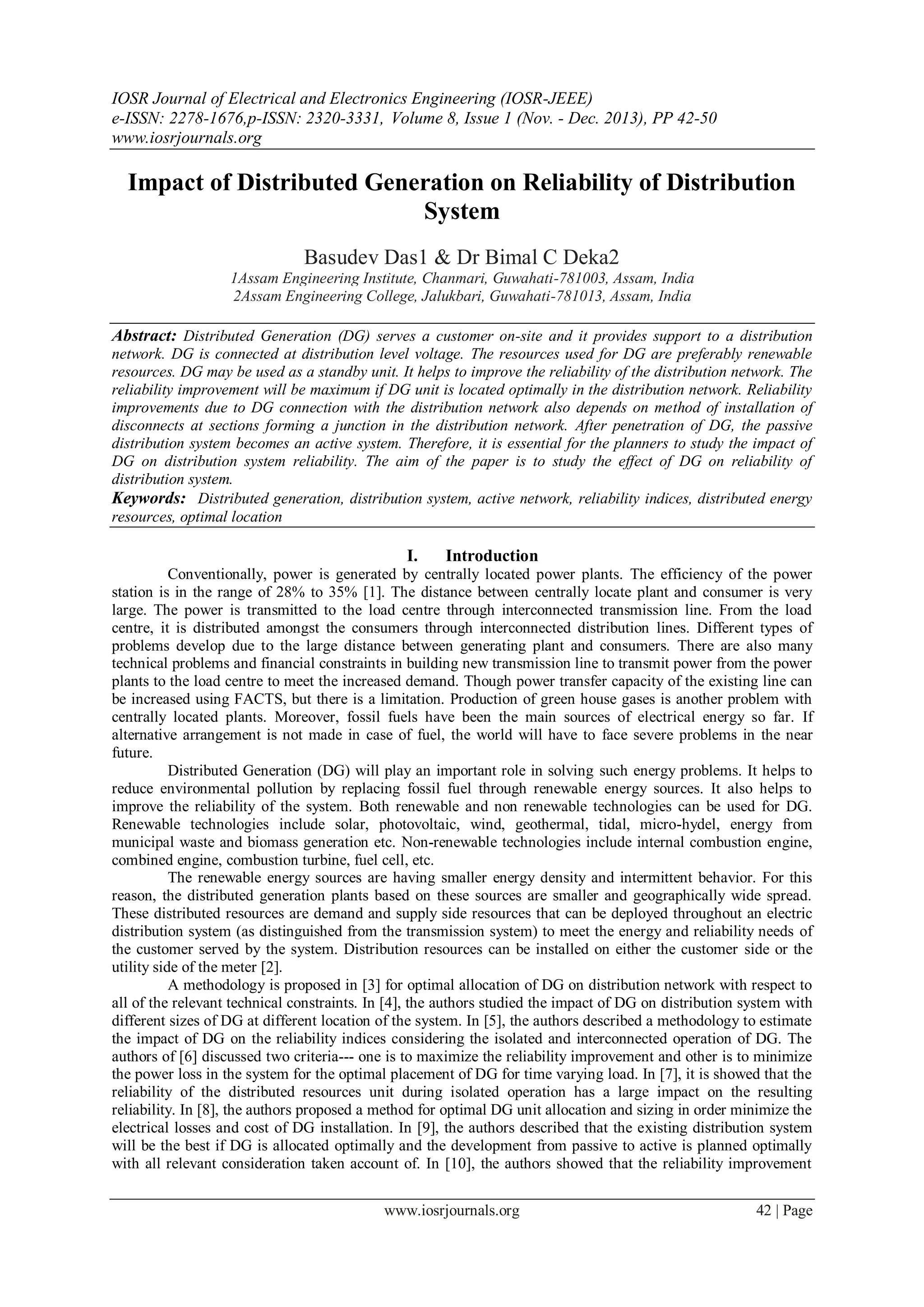 Impact of Distributed Generation on Reliability of Distribution System | PDF