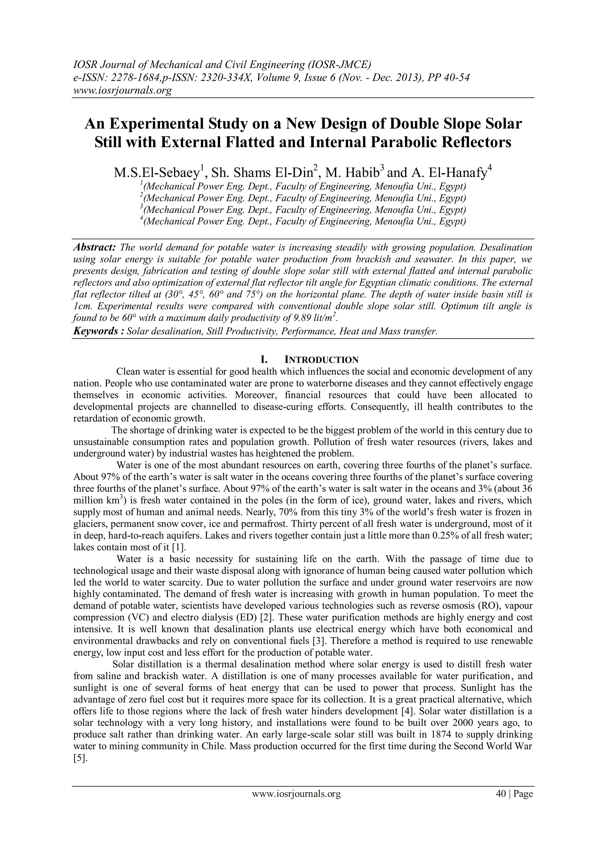 An Experimental Study on a New Design of Double Slope Solar Still with ...