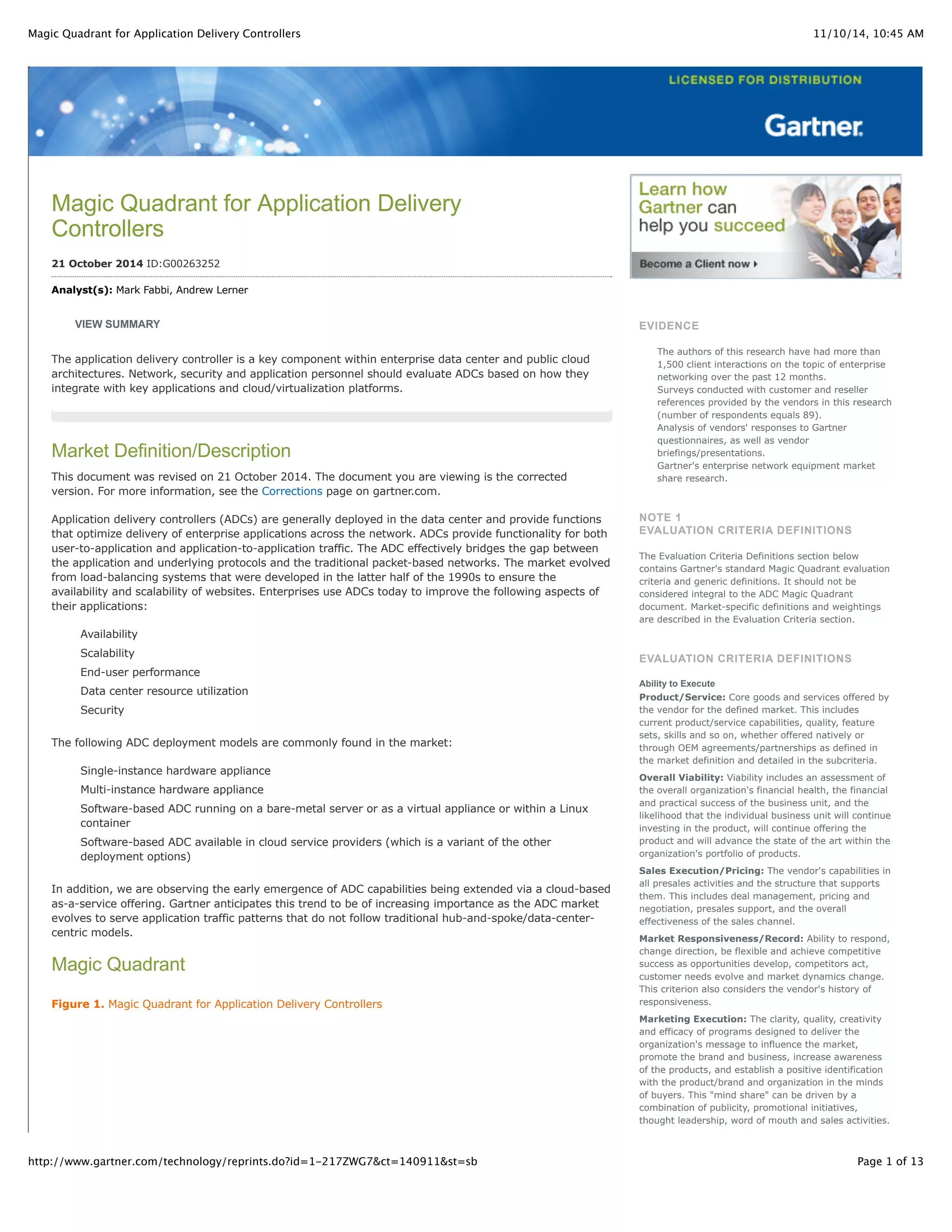 G10.2014 magic quadrant for application delivery controllers | PDF