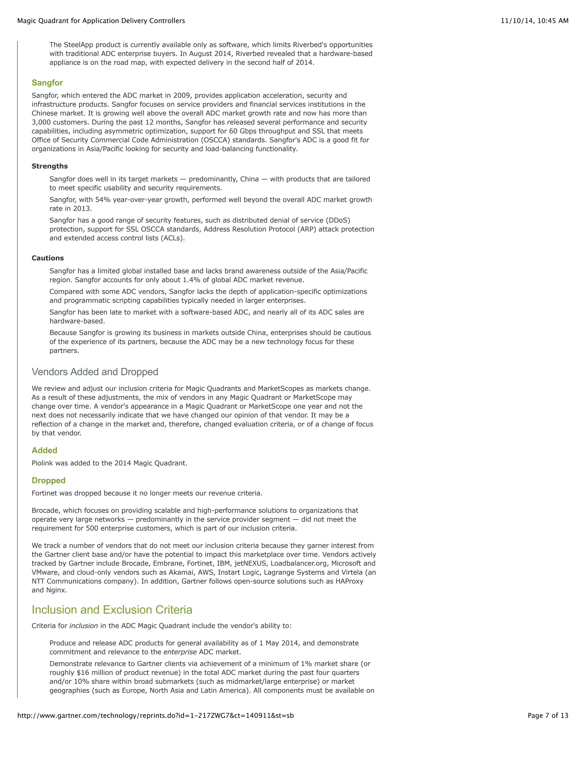 G10.2014 magic quadrant for application delivery controllers | PDF