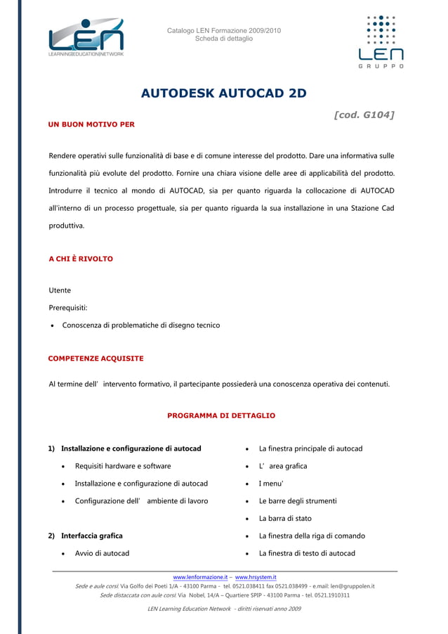 Autodesk Autocad 2d Scheda Corso Len Pdf Computing Technology And Computing