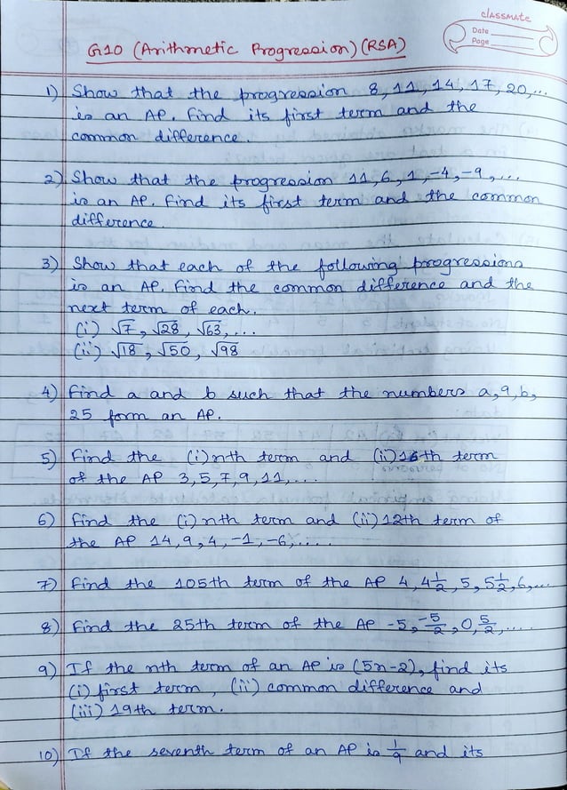 Grade 10 - CBSE - Arithmetic Progression - Worksheet (RSA) | PDF